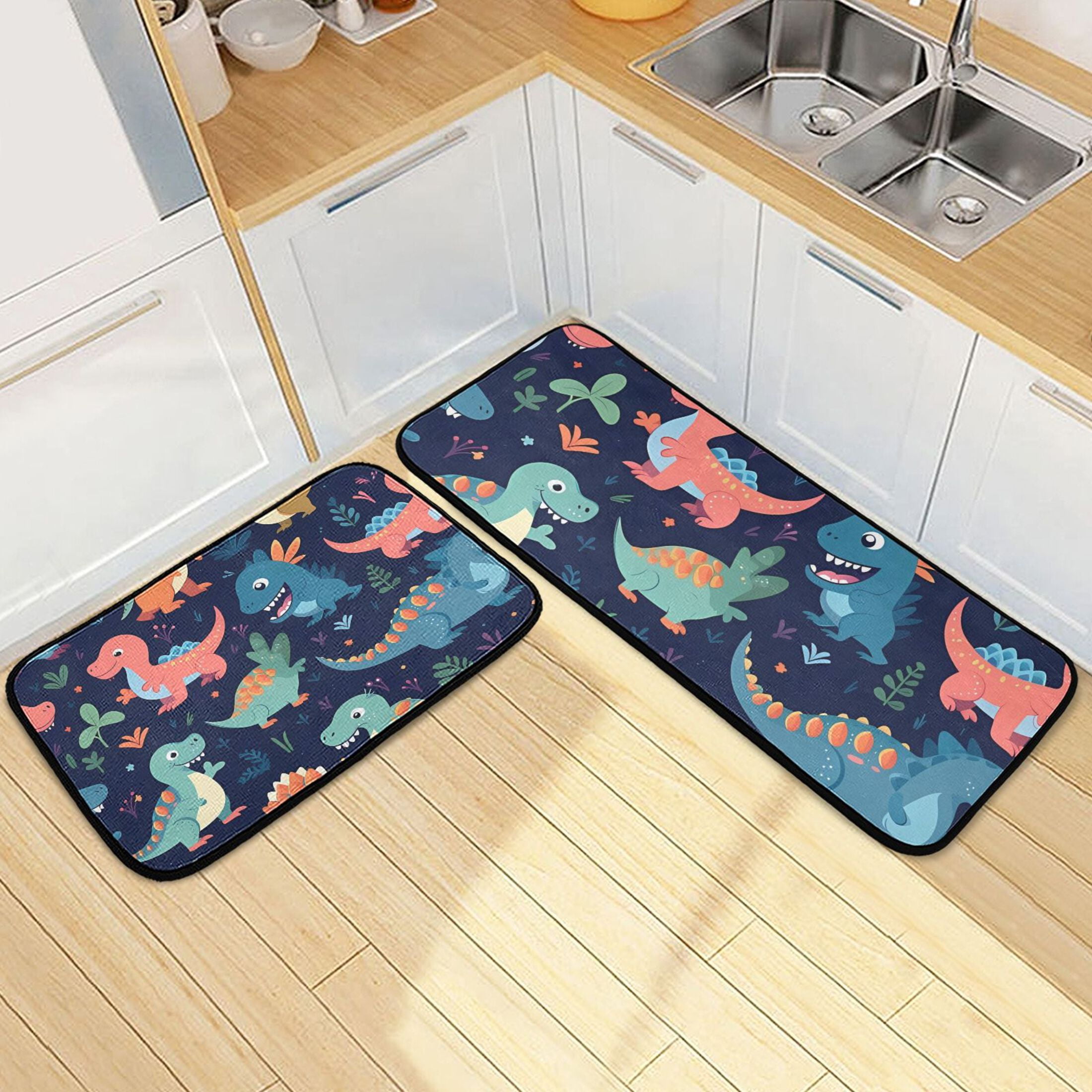 Cartoon Dinosaurs Kitchen Rugs Set of 2 Non Slip Floor Foam Mat ...