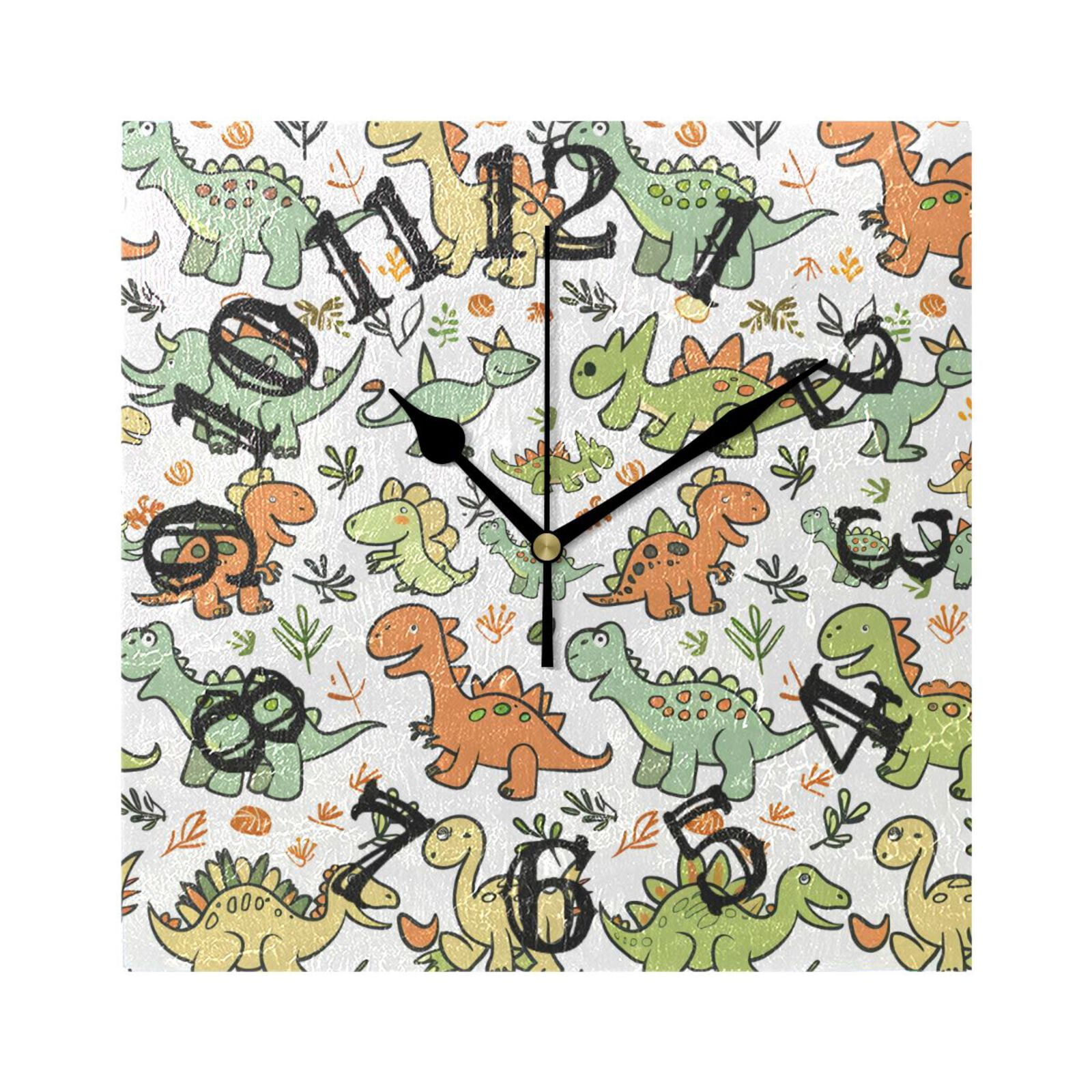 Cartoon Dinosaurs Leaves Wall Clock Square Silent Non Ticking Battery ...