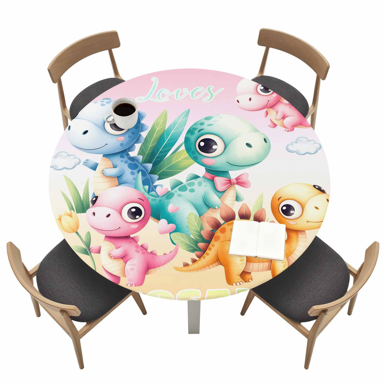 Cartoon Dinosaurs Round Fitted Tablecloth with Elastic Edge Just A Boy ...