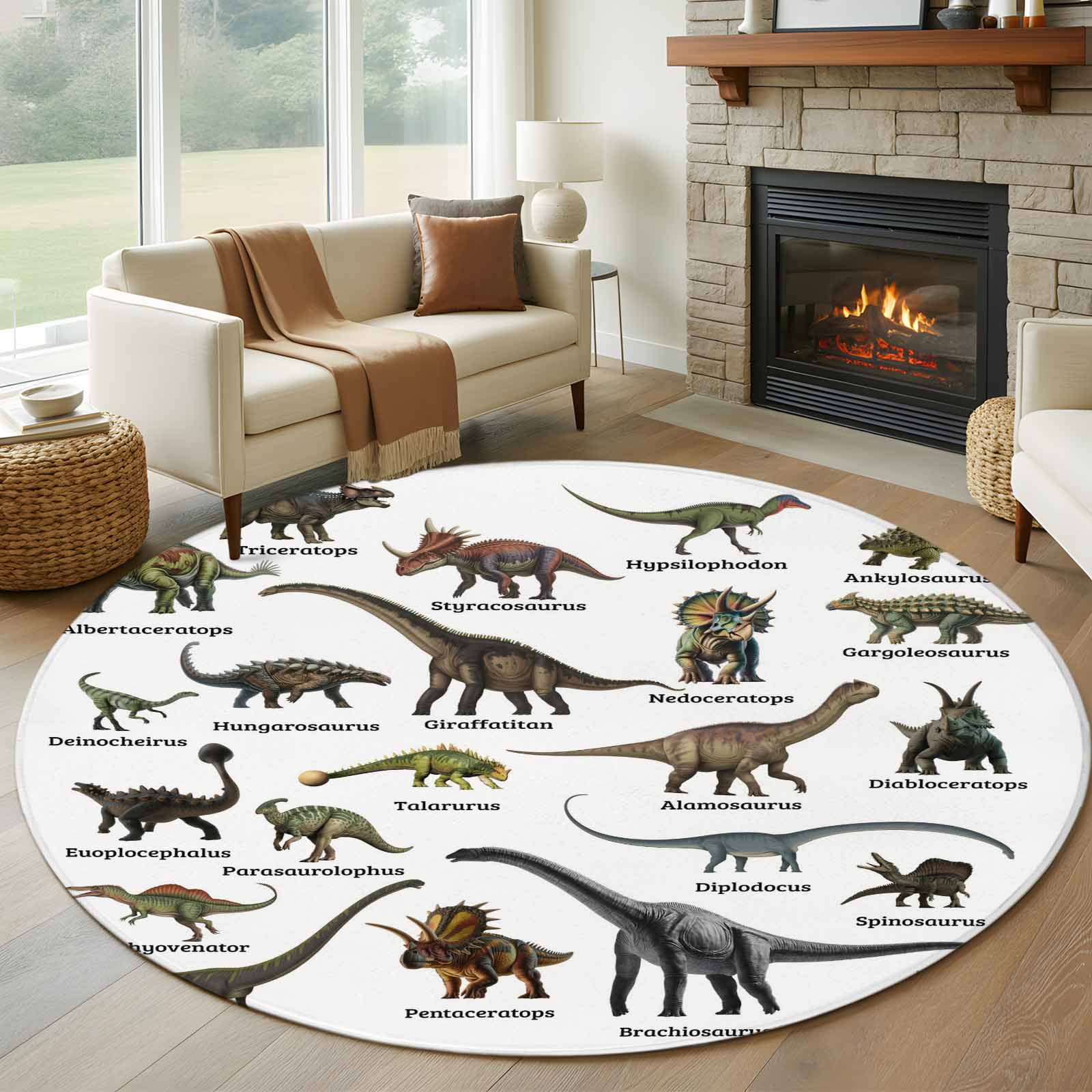Cartoon Dinosaurs Round Rug 8ft Washable Circle Rugs Non Slip Natural ...