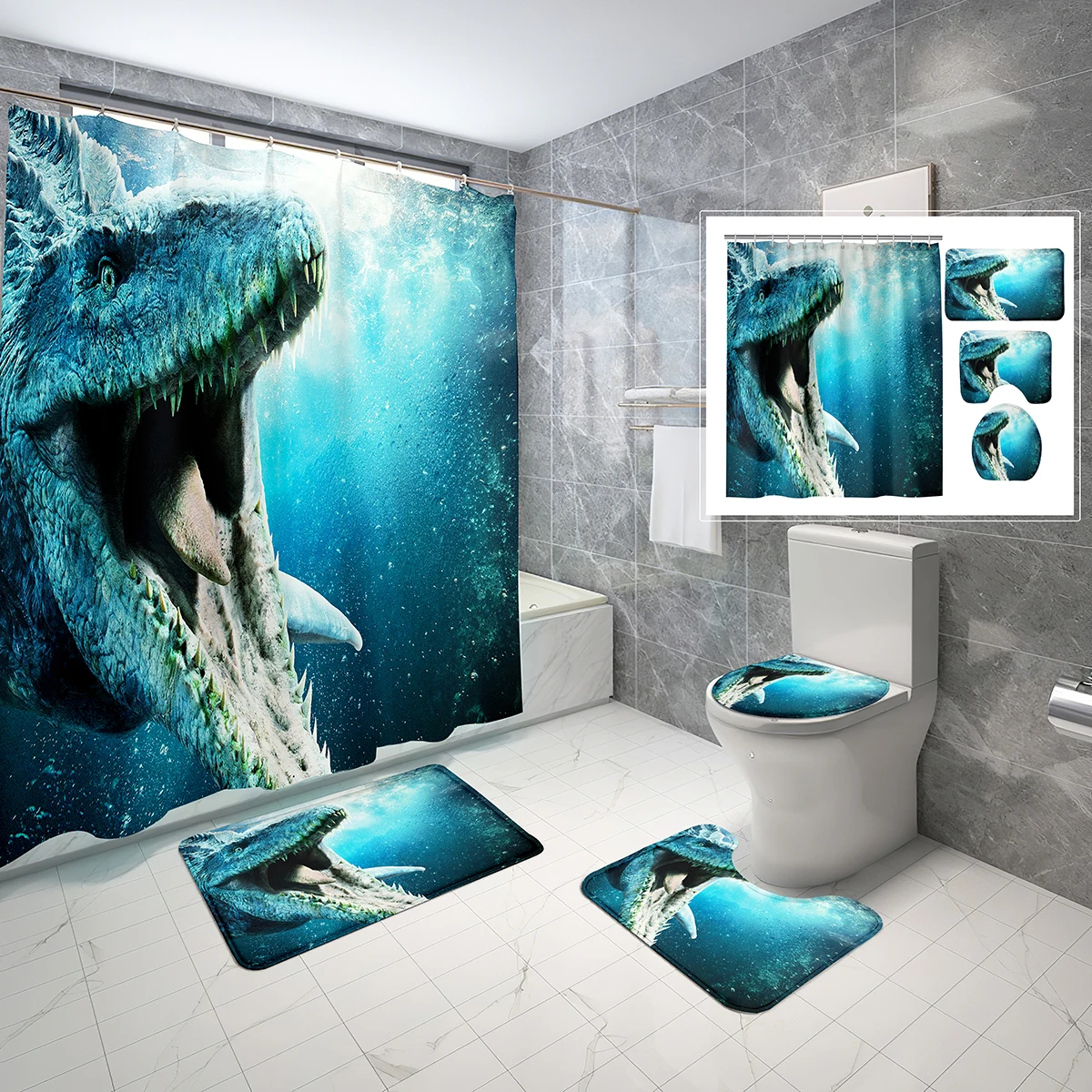 Cartoon Dinosaurs Shower Curtain Sets Funny Little Dinosaur 4 Pcs Non ...