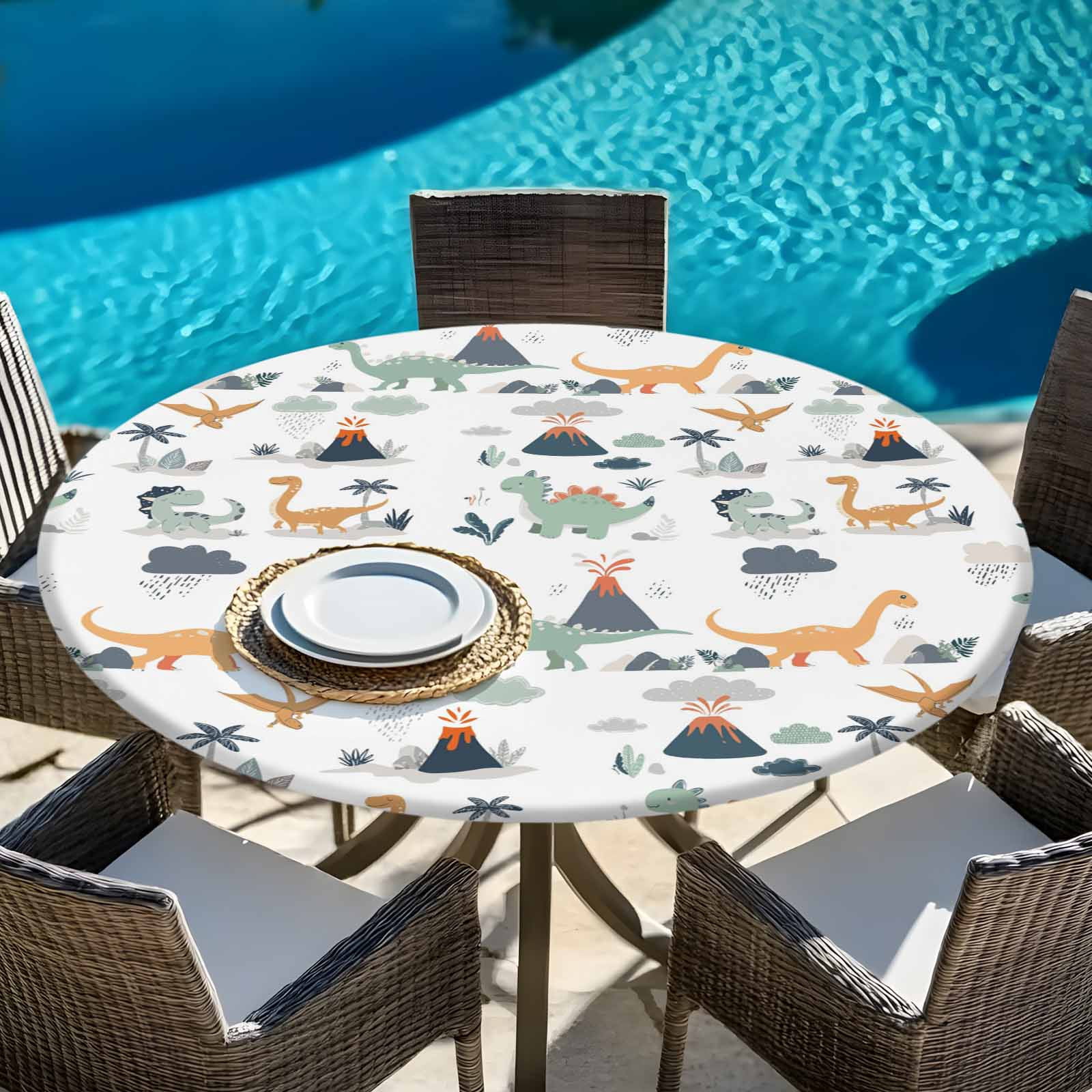 Cartoon Dinosaurs Volcano Cloud Round Fitted Tablecloth with Elastic ...