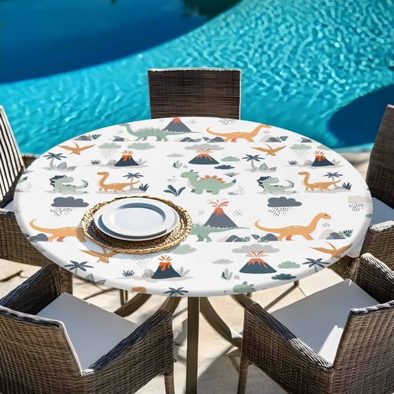 Cartoon Dinosaurs Volcano Cloud Round Fitted Tablecloth with Elastic ...