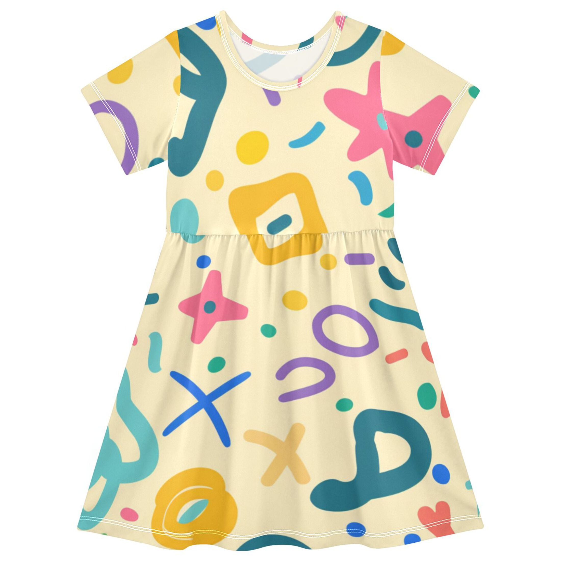 Cartoon Doddle Line Art Girls' Short Sleeve Dress A-Line One-Piece ...