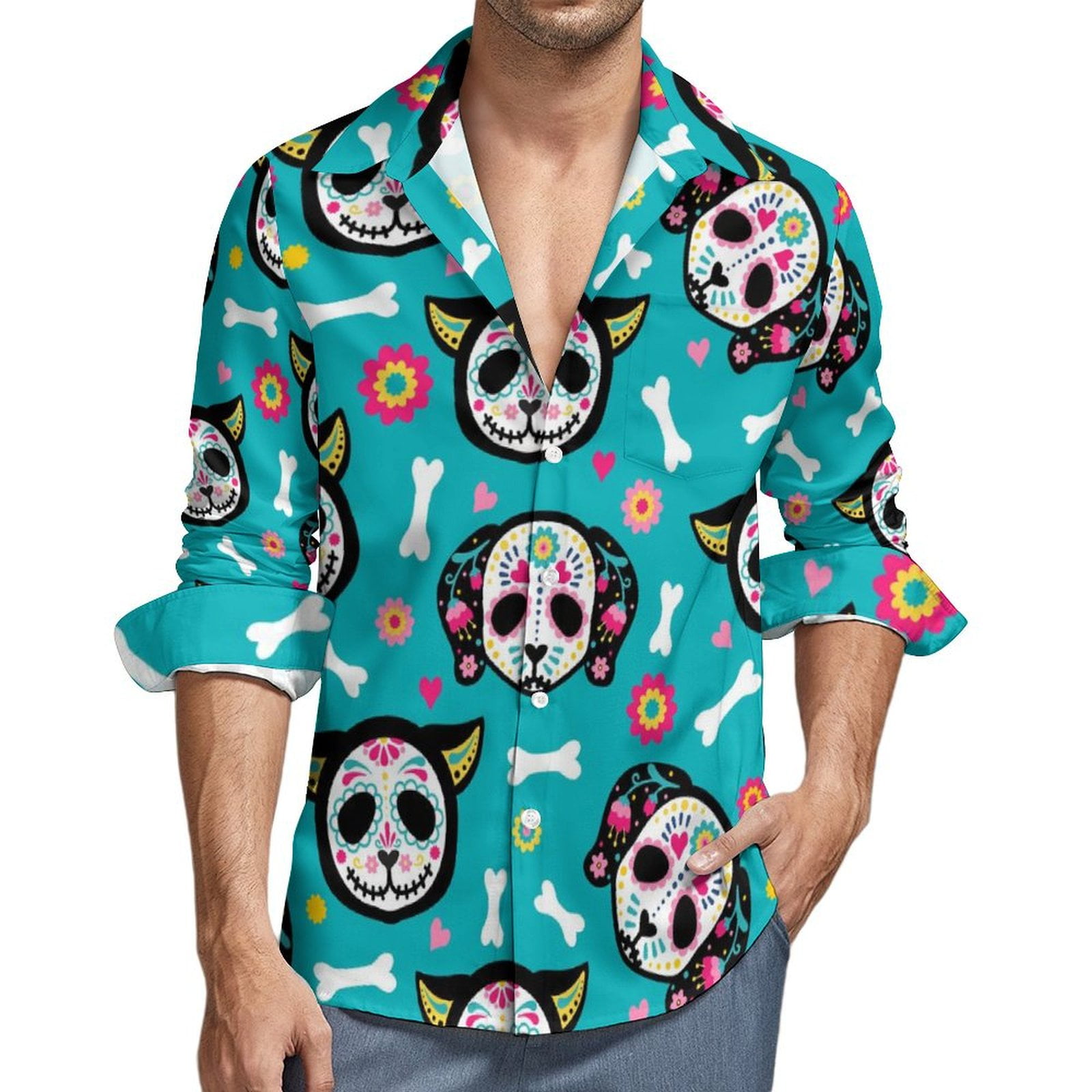 Cartoon Dog And Cat Mens Long Sleeve Button Down Shirts, Casual Men's ...