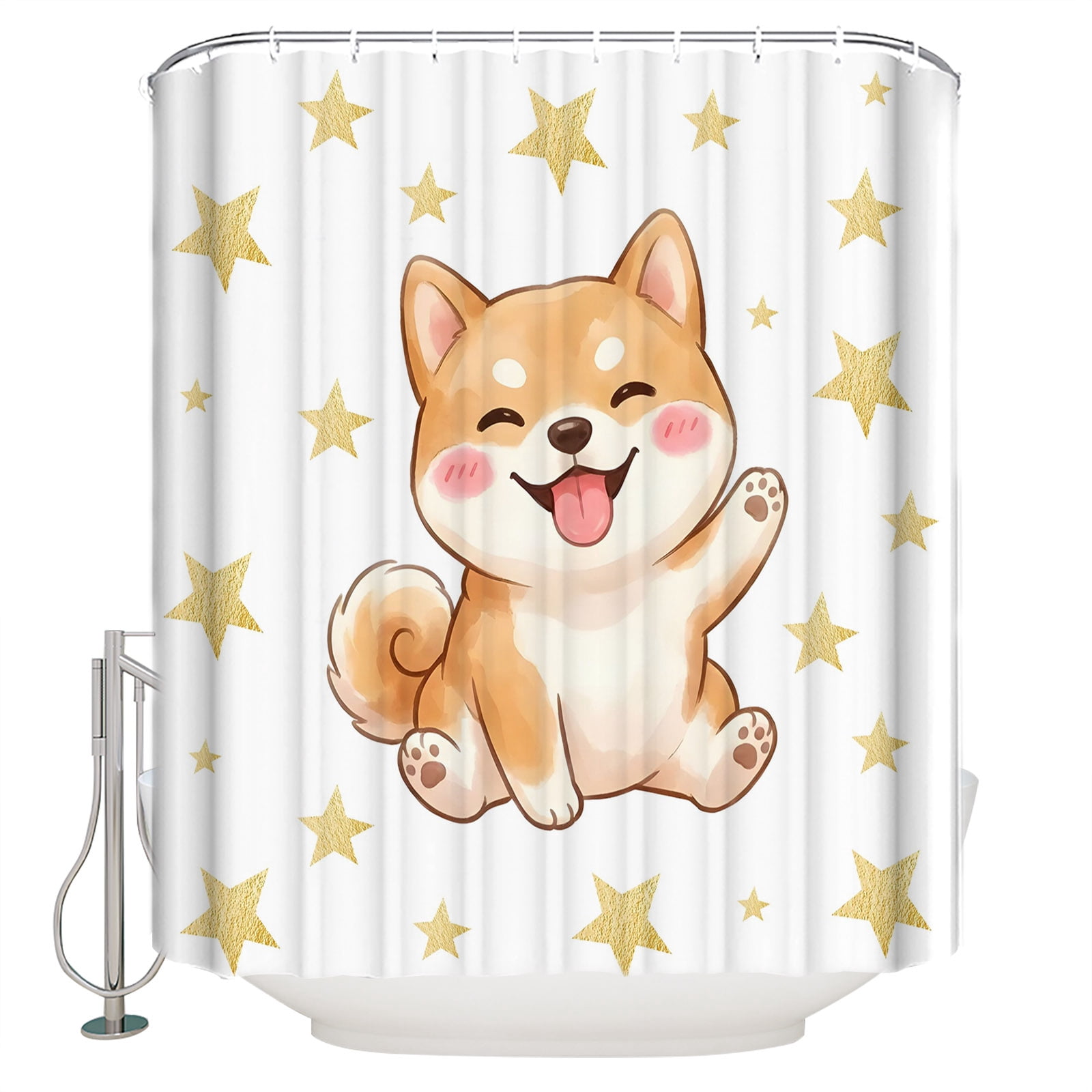 Cartoon Dog Bathroom Shower Curtains with 12 Hooks Polyester Waterproof ...