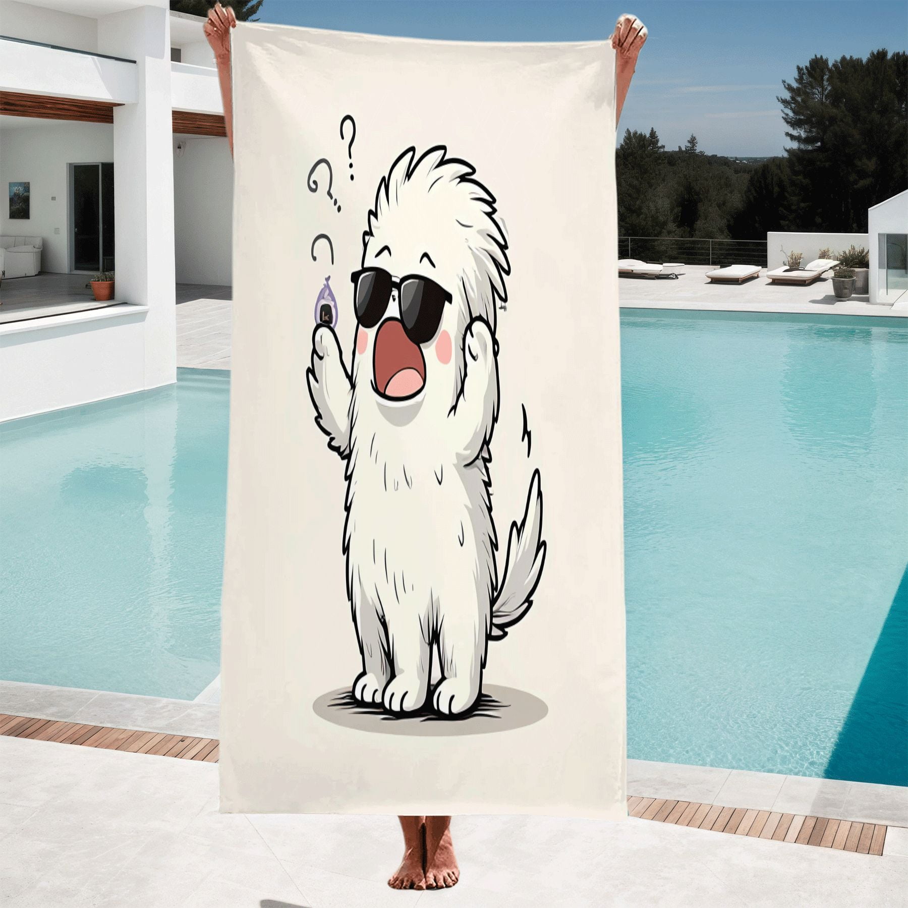 Cartoon Dog Beach Towel - Spiky Sunglasses Surprised Expression Fun ...
