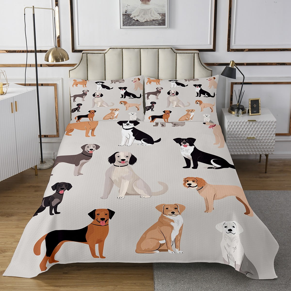 Cartoon Dog Bedspread Set Cute Puppy Dog Coverlet Set Queen Lovely ...