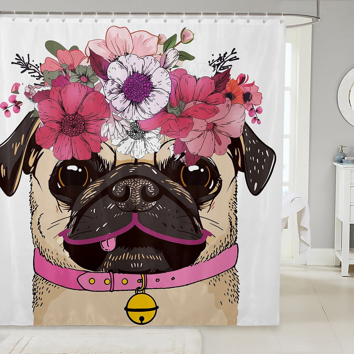 Cartoon Dog Bottom Bathroom Shower Curtain Set Funny Pug Pattern Fabric ...