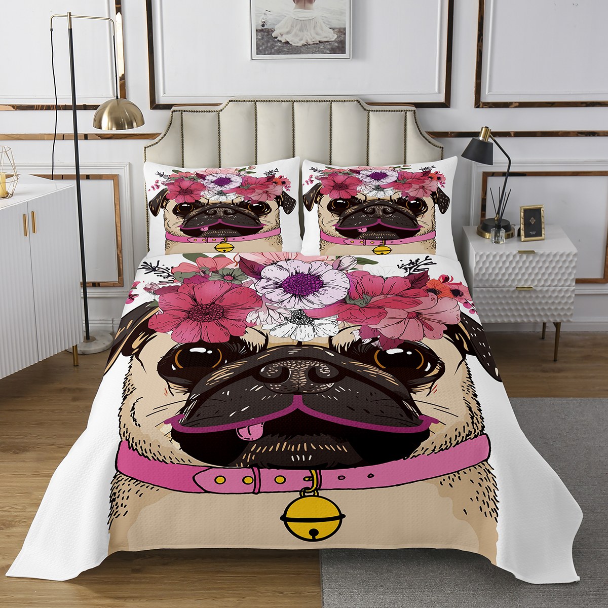 Cartoon Dog Bottom Bedspread Set Funny Pug Pattern Quilt Set Cute Puppy ...
