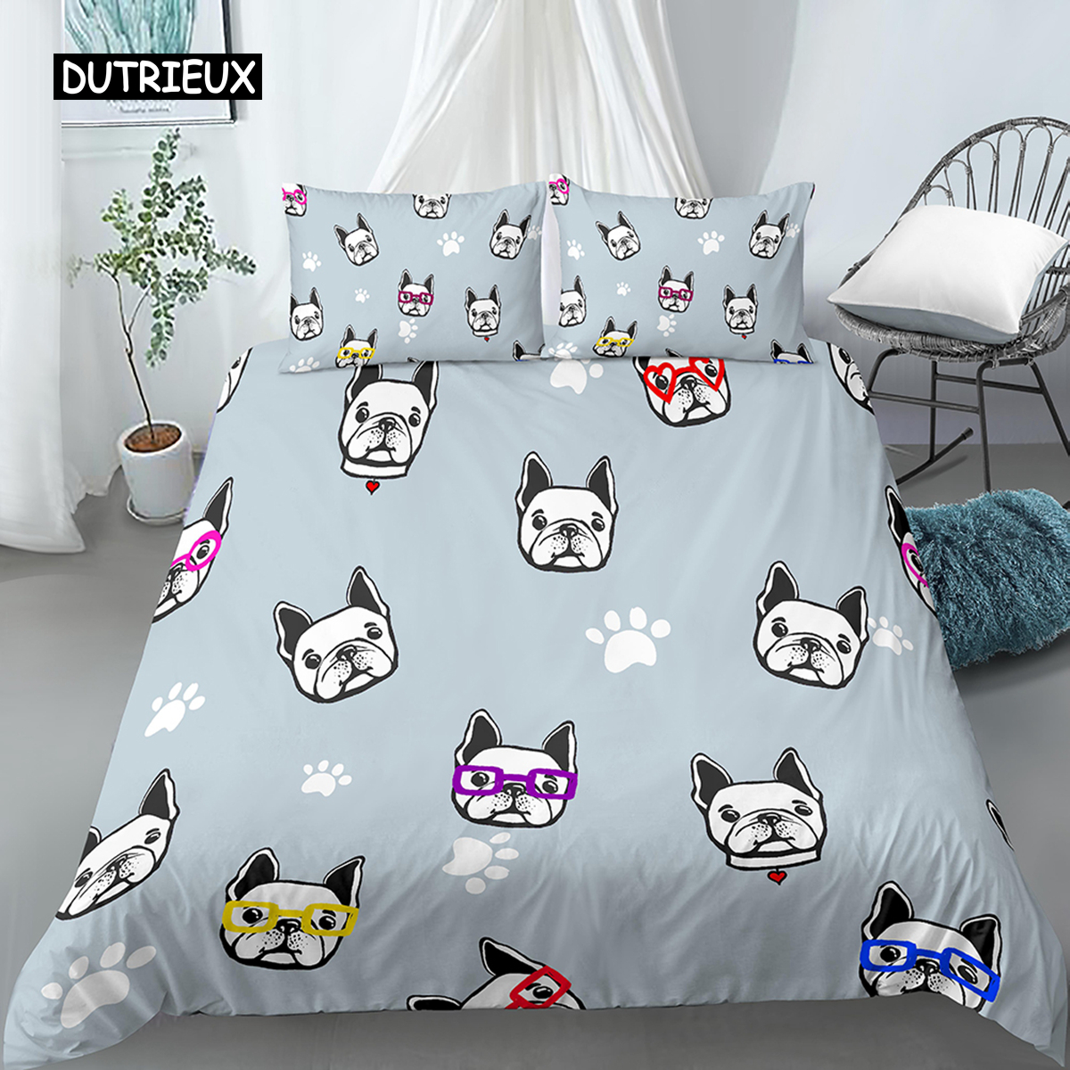 Cartoon Dog Duvet Cover Cute Pug for Family Home r Pet Theme for ...