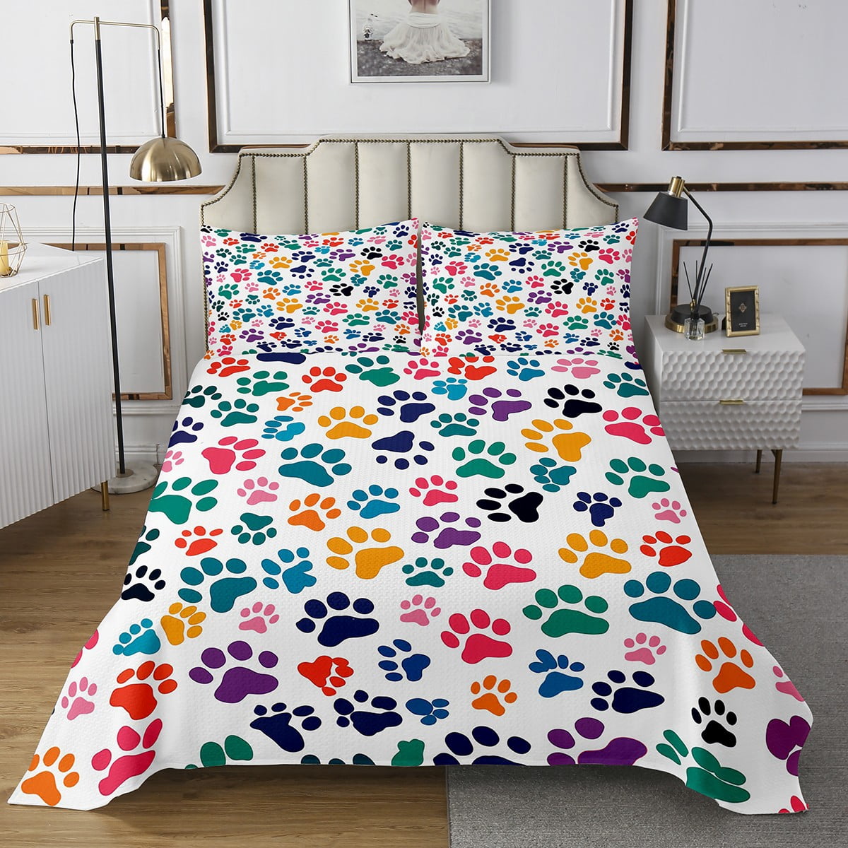 Cartoon Dog Footprint King Bedspread Set, Kawaii Cat Footprint Cozy ...
