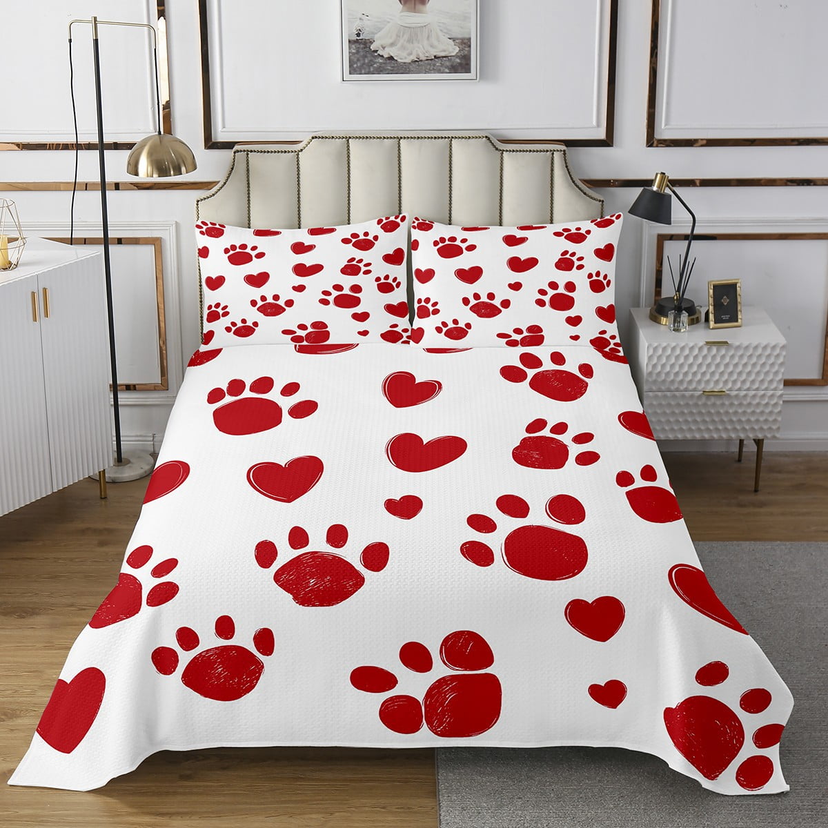 Cartoon Dog Footprint Twin Bedspread Set,Cute Red Animals Cozy Quilt ...