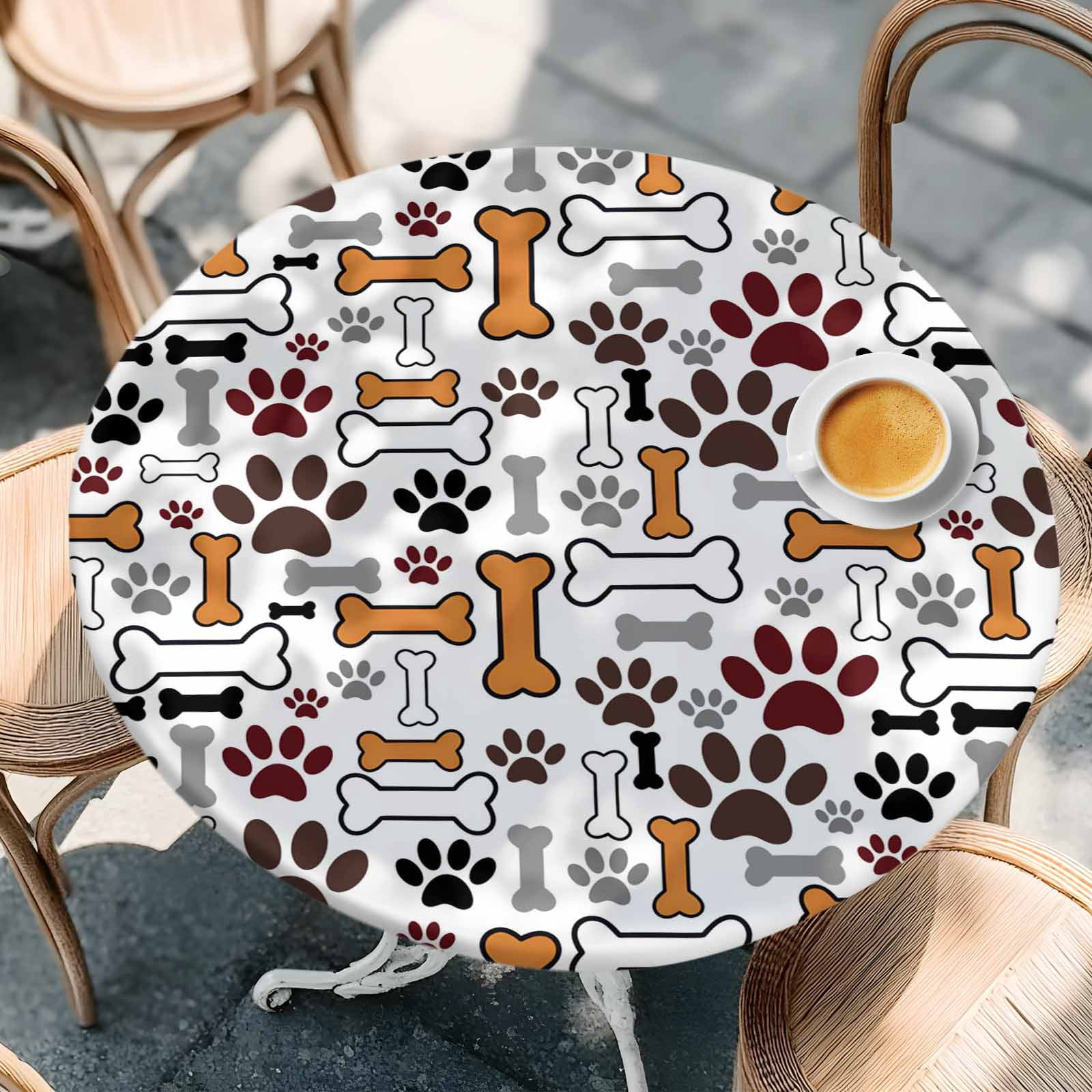 Cartoon Dog Paw Bone and Text Animals Art Round Fitted Tablecloth with ...