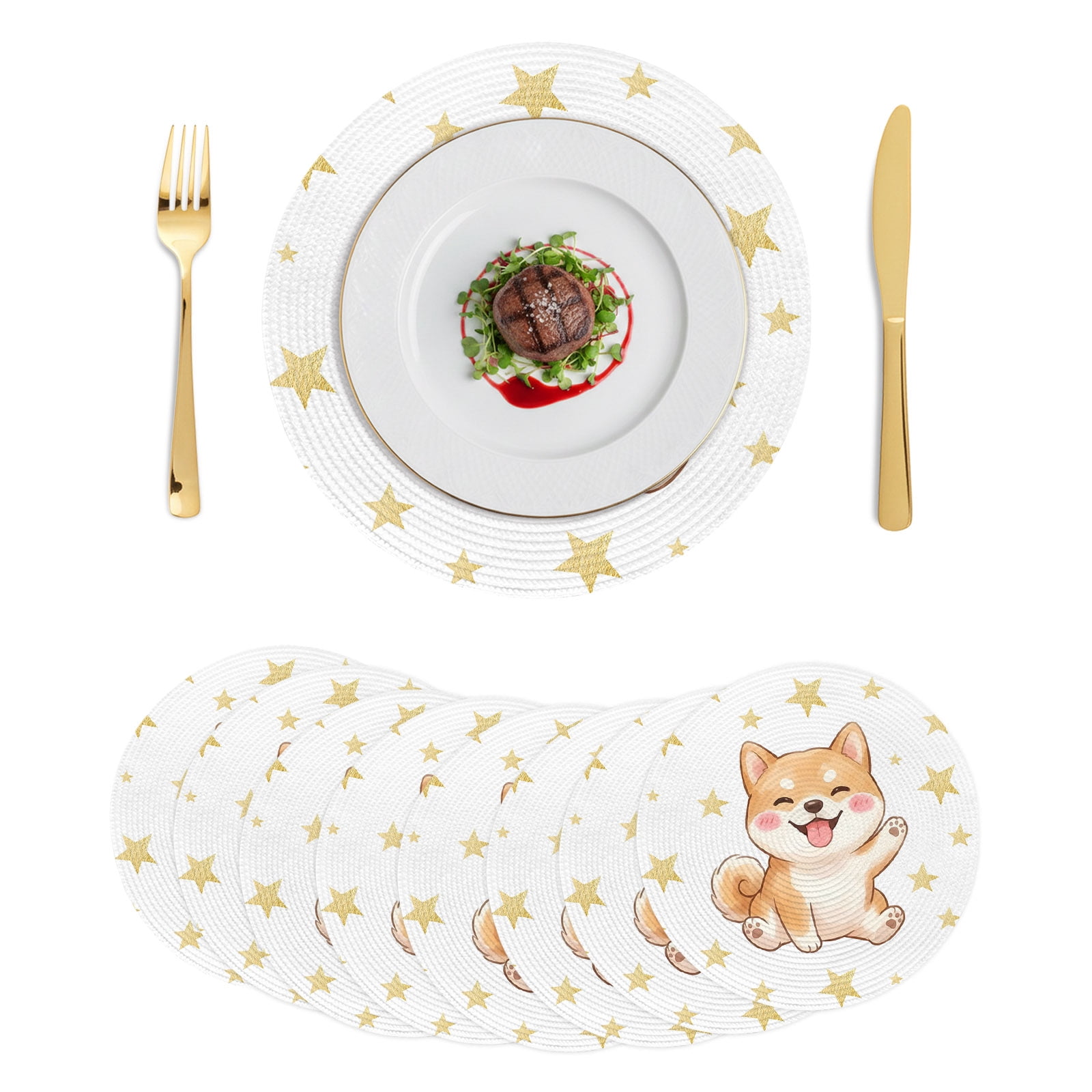 Cartoon Dog Round Placemats Set of 8 Japanese Style Golden Star Cute ...