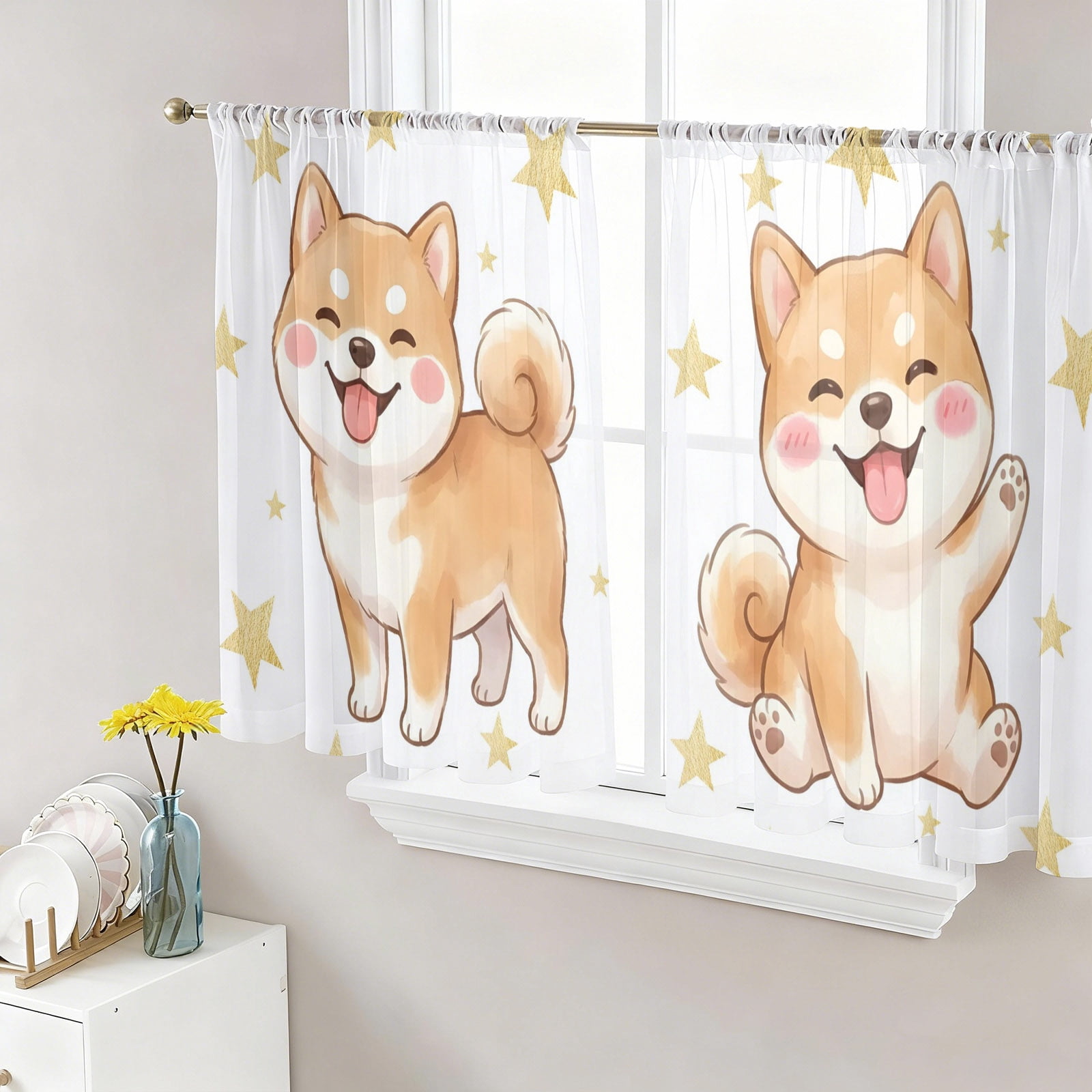 Cartoon Dog Sheer Curtains for Living Room Bedroom Japanese Style ...