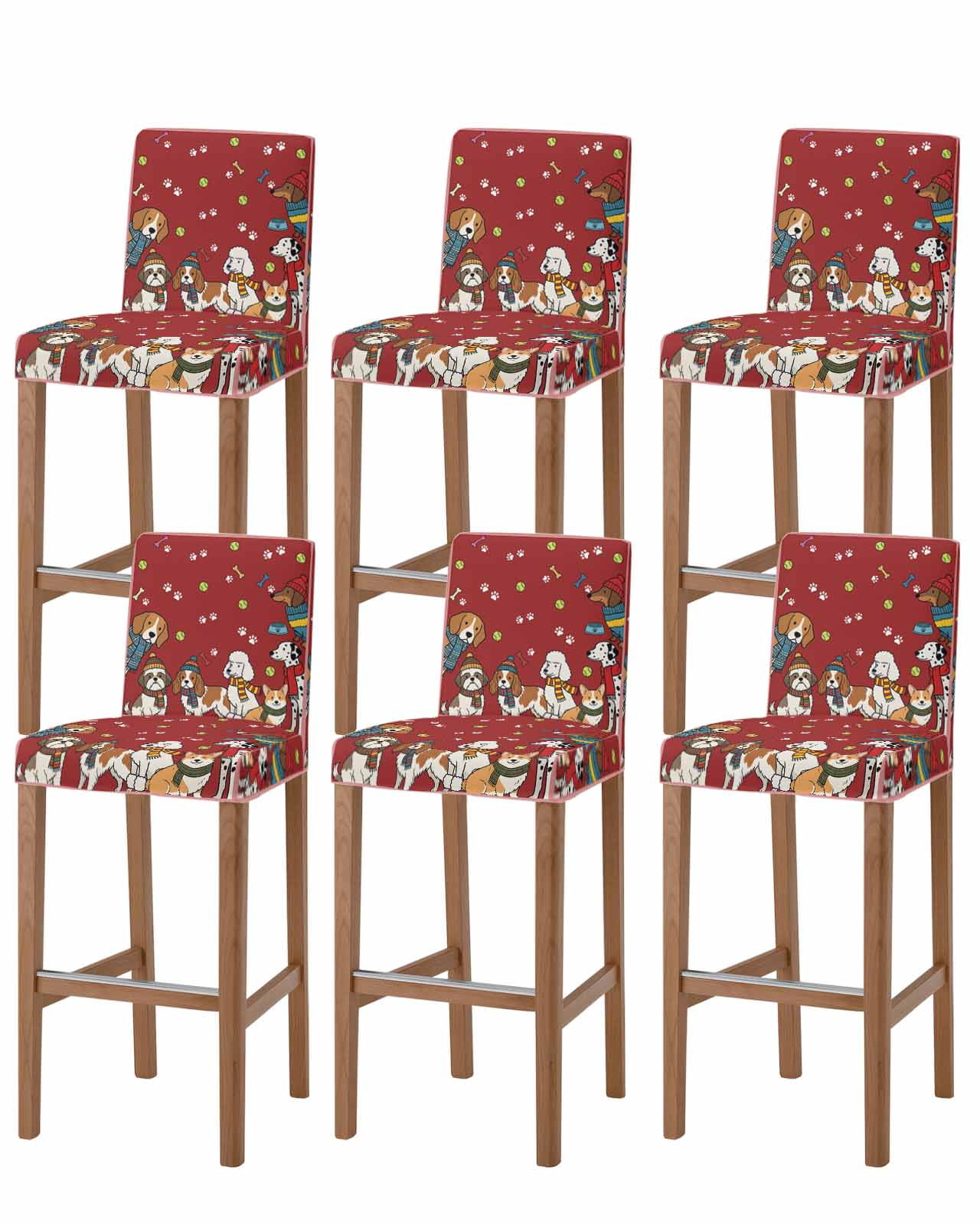 Cartoon Dogs Bar Stool Covers Set of 6, Red Cute Animals Dogs Paws ...