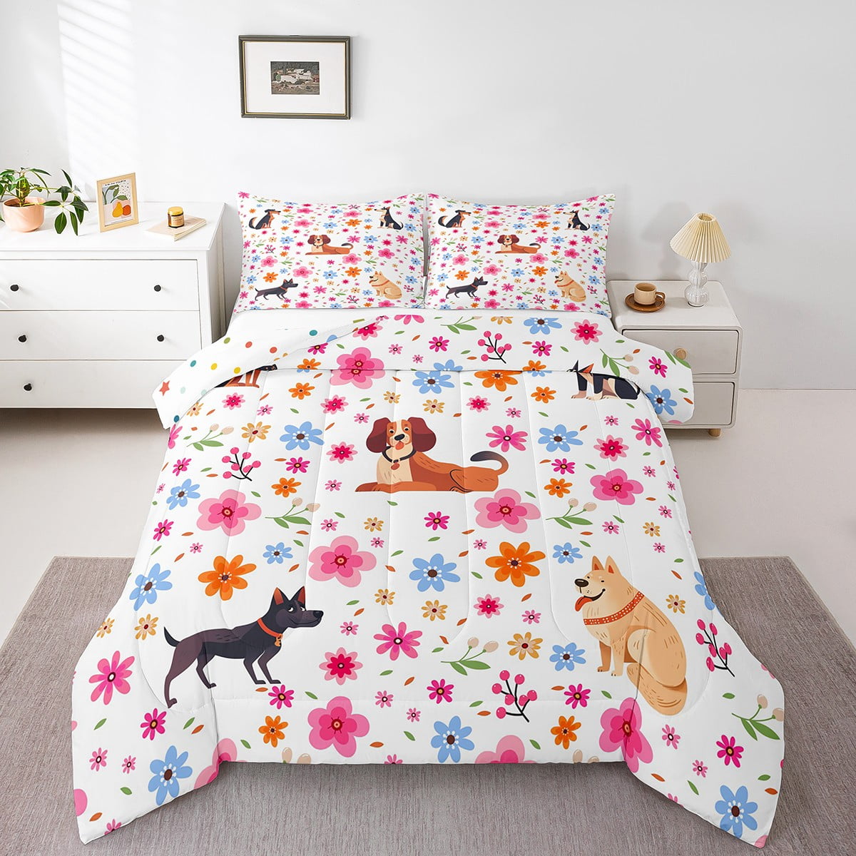 Cartoon Dogs Bedding Twin Size Chic Floral Comforter Set for Girls Boys ...