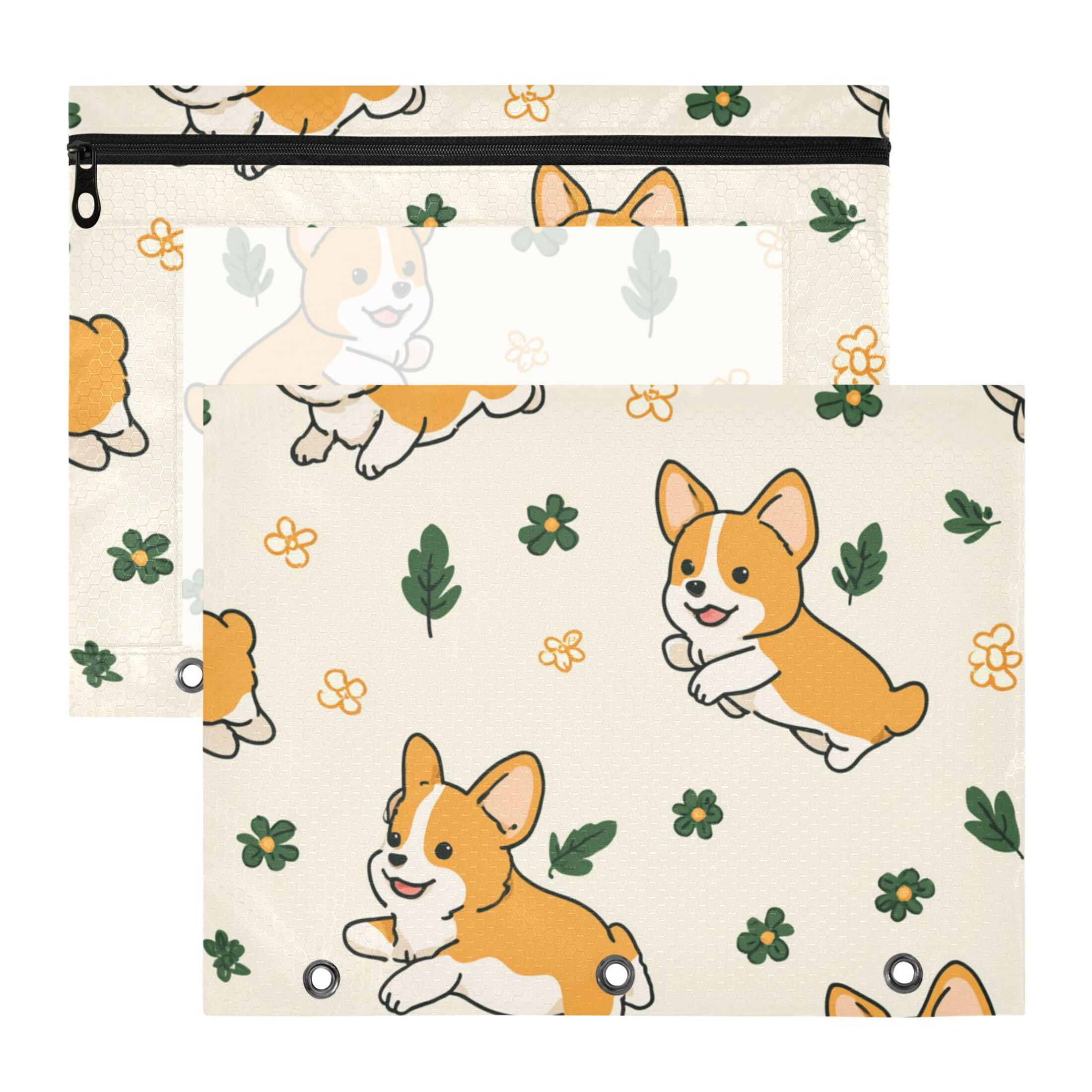 Cartoon Dogs Daisies Leaves 3-Ring Binder Pouches A4 Size Zipper Pocket ...