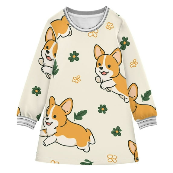 Cartoon Dogs Daisies Leaves Long-sleeved Dress A-line One-Piece Dress ...