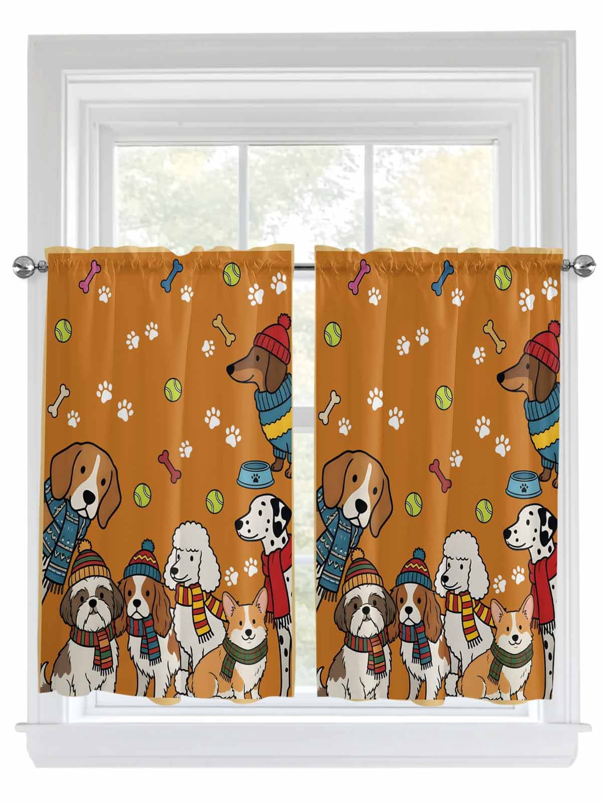 Cartoon Dogs Kitchen Curtains Tier 45 Inch Length, Orange Cute Animals ...