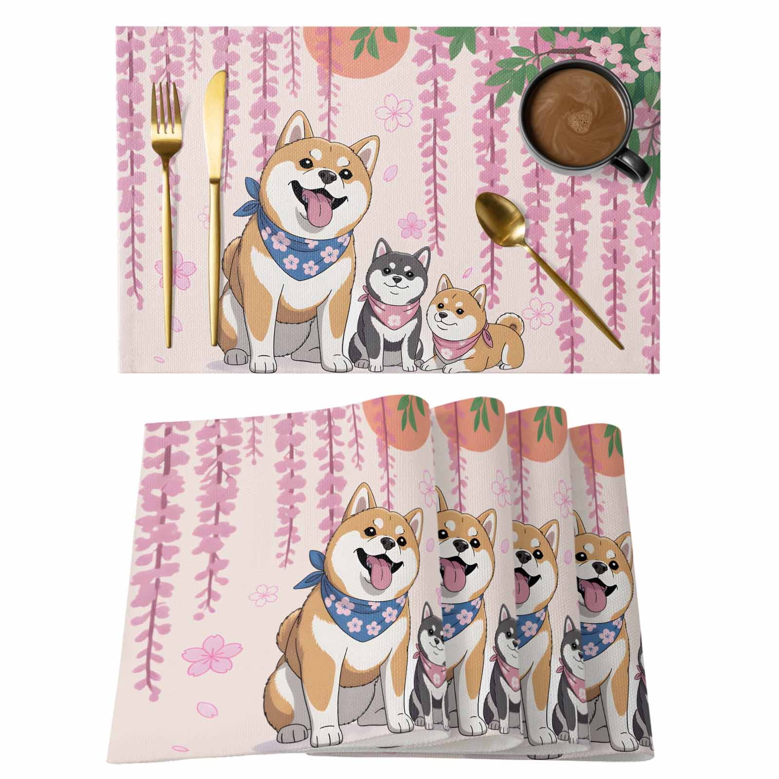 Cartoon Dogs Placemats Set of 12 Pink Floral Summer Botanical Place ...
