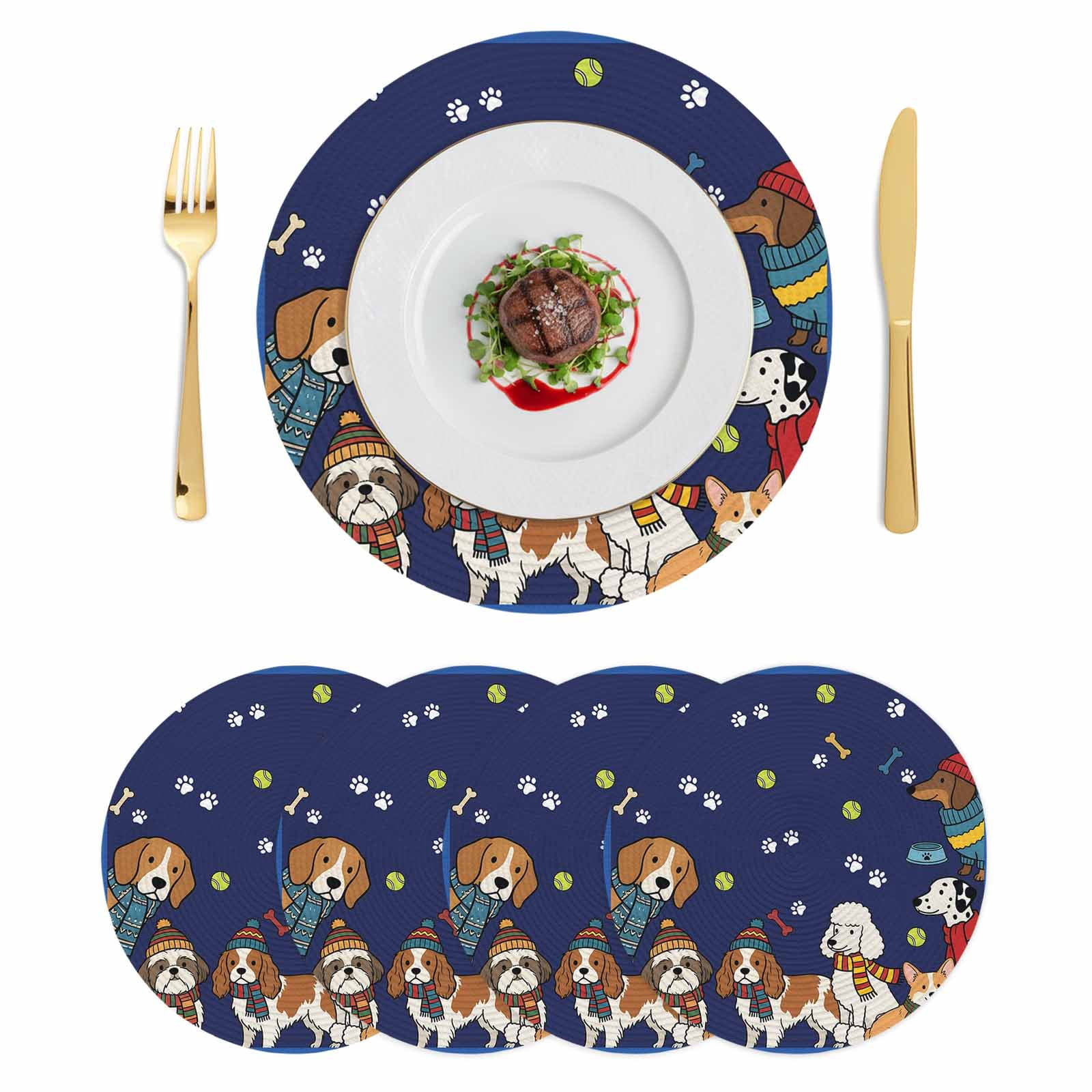 Cartoon Dogs Round 15 Inch Placemats Set of 4, Navy Blue Cute Animals ...