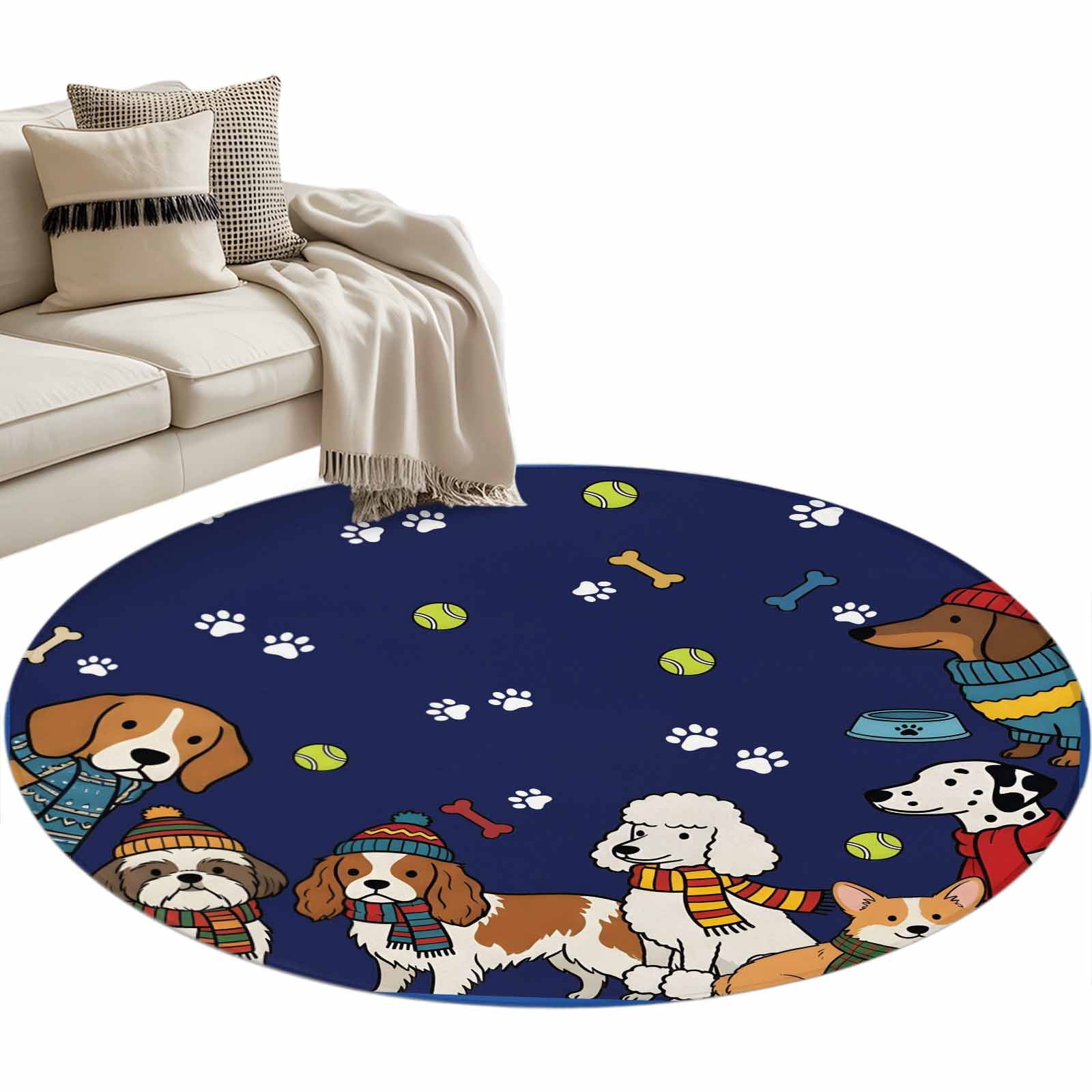 Cartoon Dogs Round Rug 3.3ft Washable Circle Entryway Rugs Non Slip ...
