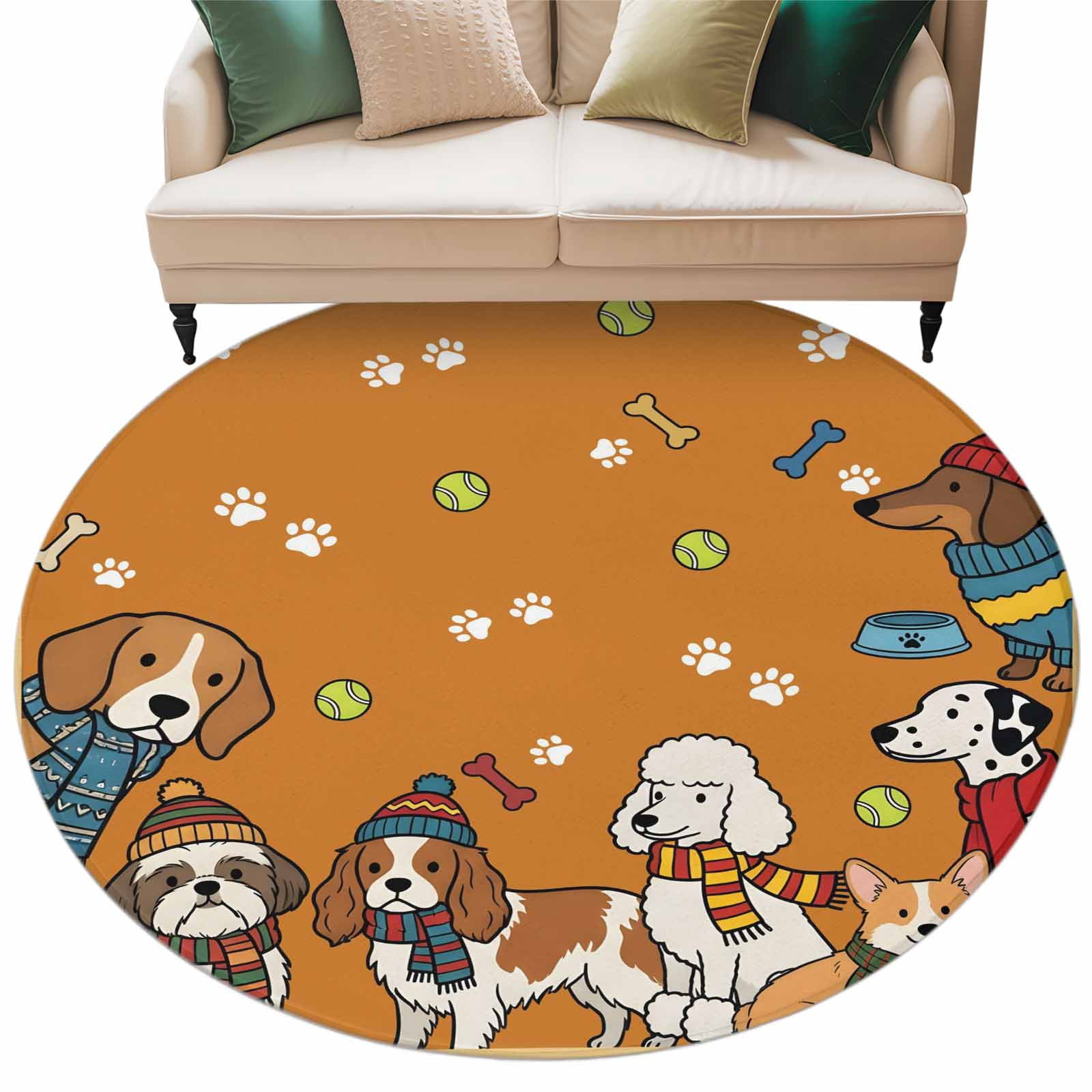 Cartoon Dogs Round Rug 7ft Washable Circle Rugs Non Slip Orange Cute ...
