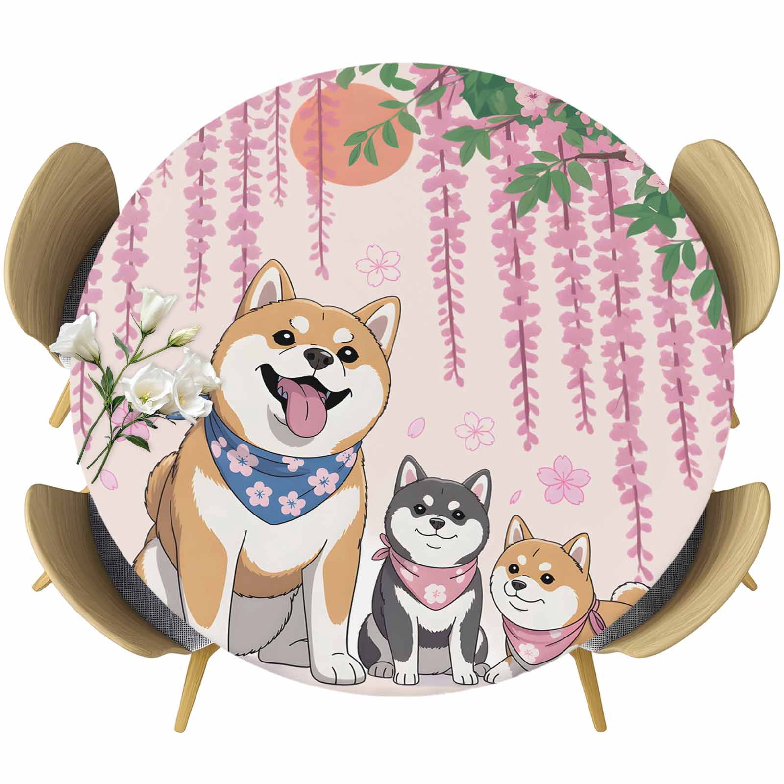 Cartoon Dogs Round Tablecloth, Fitted Table Cover with Elastic for 45 ...