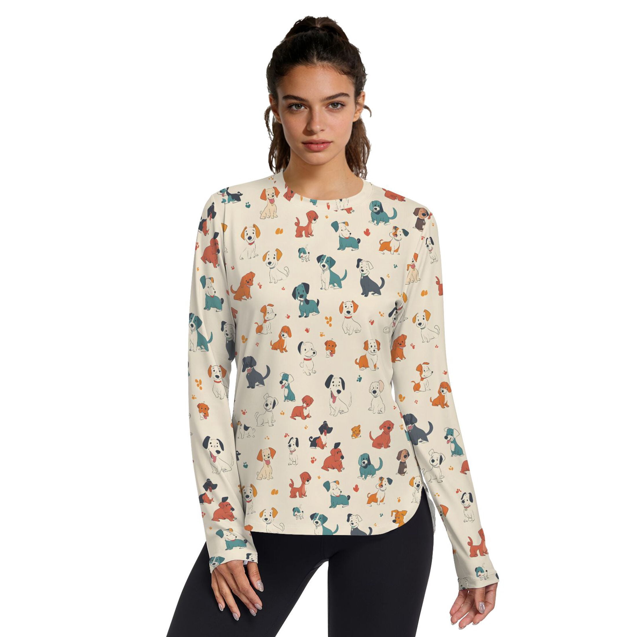Cartoon Dogs Scattered Women UPF 50+ UV Shirts Long Sleeve with Thumb ...