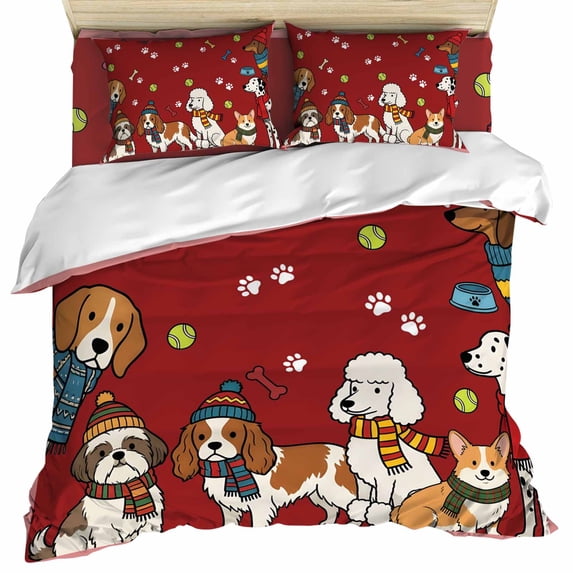 Cartoon Dogs Set of 4 Bedding Quilt Covers, Red Cute Animals Dogs Paws ...