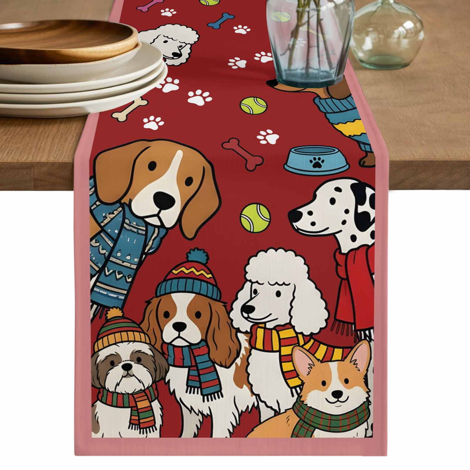 Cartoon Dogs Table Runner 108 Inches, Red Cute Animals Dogs Paws Prints ...