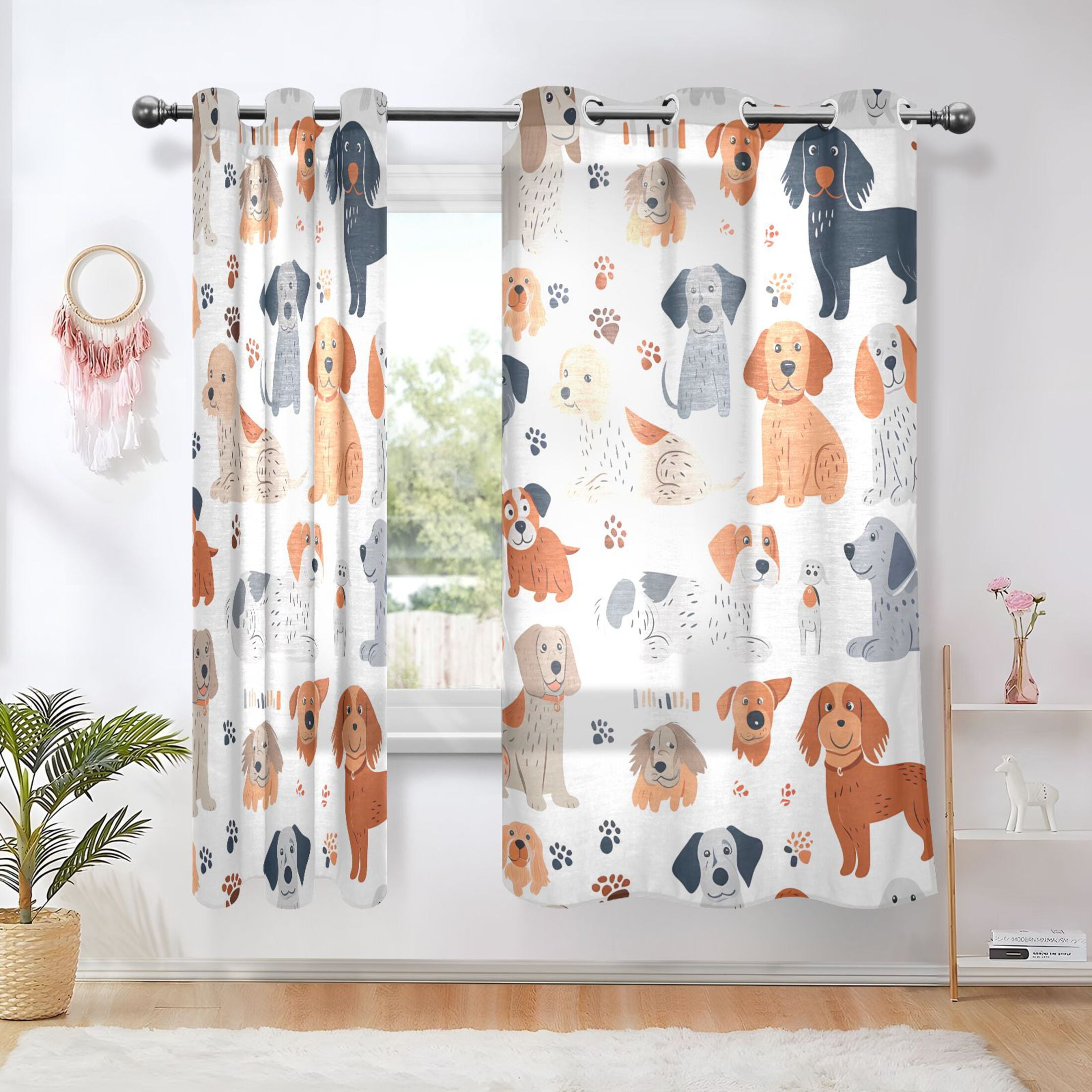 Cartoon Dogs and Footprints Semi Sheer Curtains 2 Panels Faux Linen ...