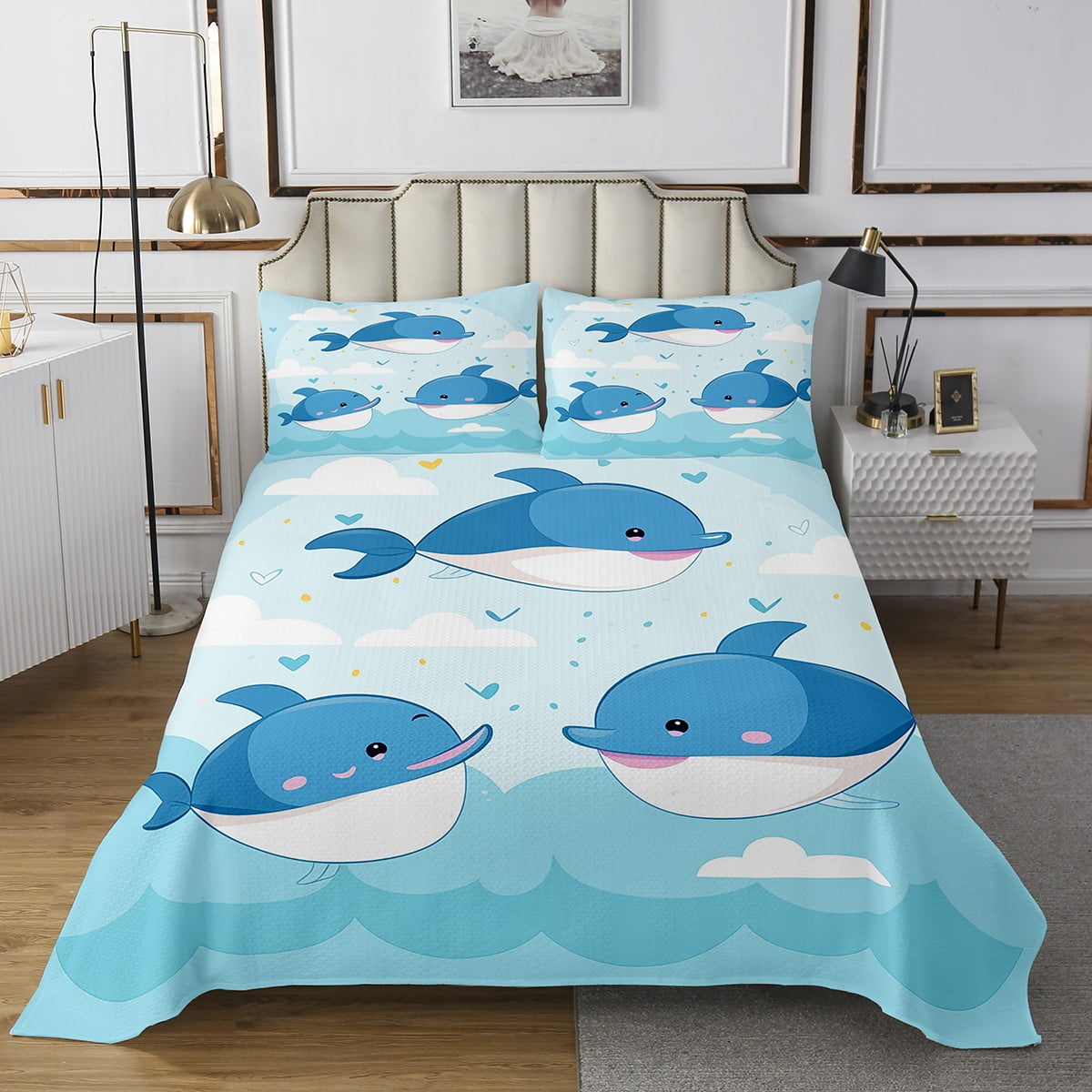 Cartoon Dolphin Coverlet Set Cute Fish Marine Life Bedspread Set For ...