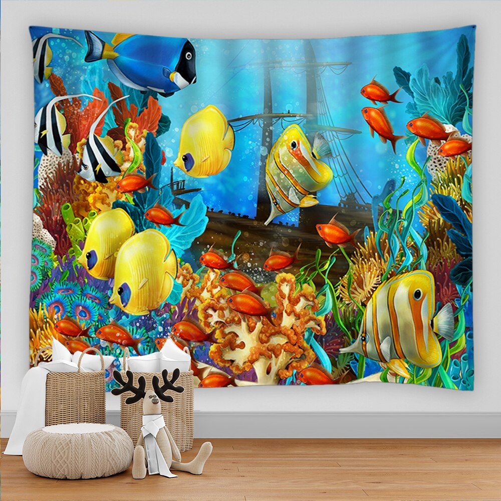 Cartoon Dolphin Fish Tapestry Wall Hanging Sea Ocean life Landscape ...