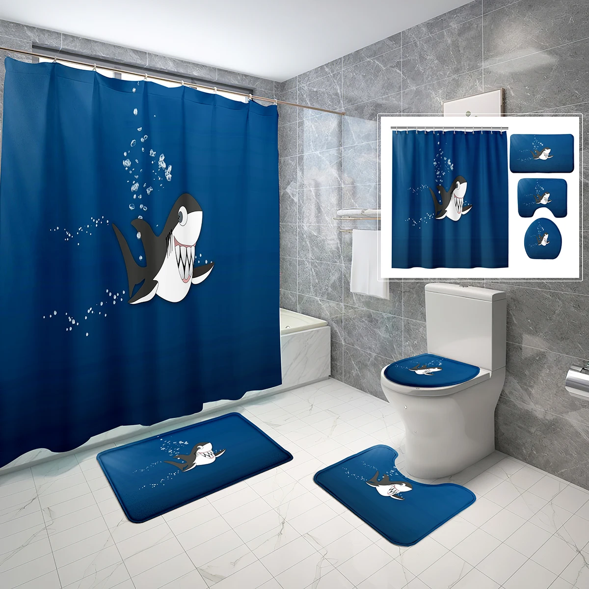 Cartoon Dolphin Shower Curtain Set Kids Sea Life Bathroom r Non-slip ...