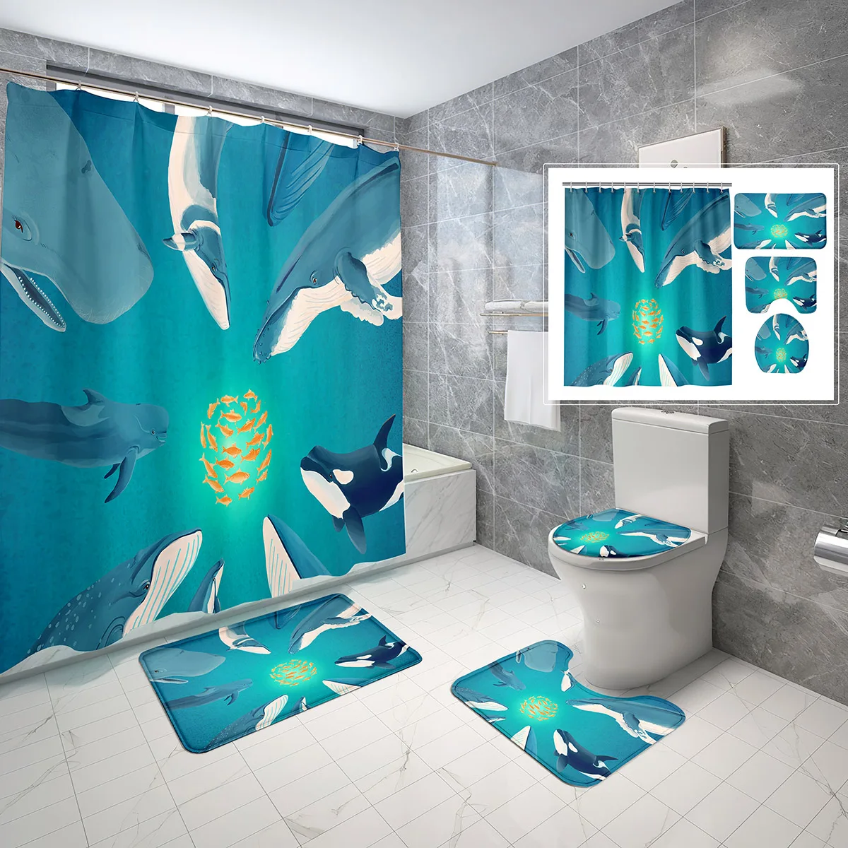 Cartoon Dolphin Shower Curtain Set Kids Sea Life Bathroom r Non-slip ...