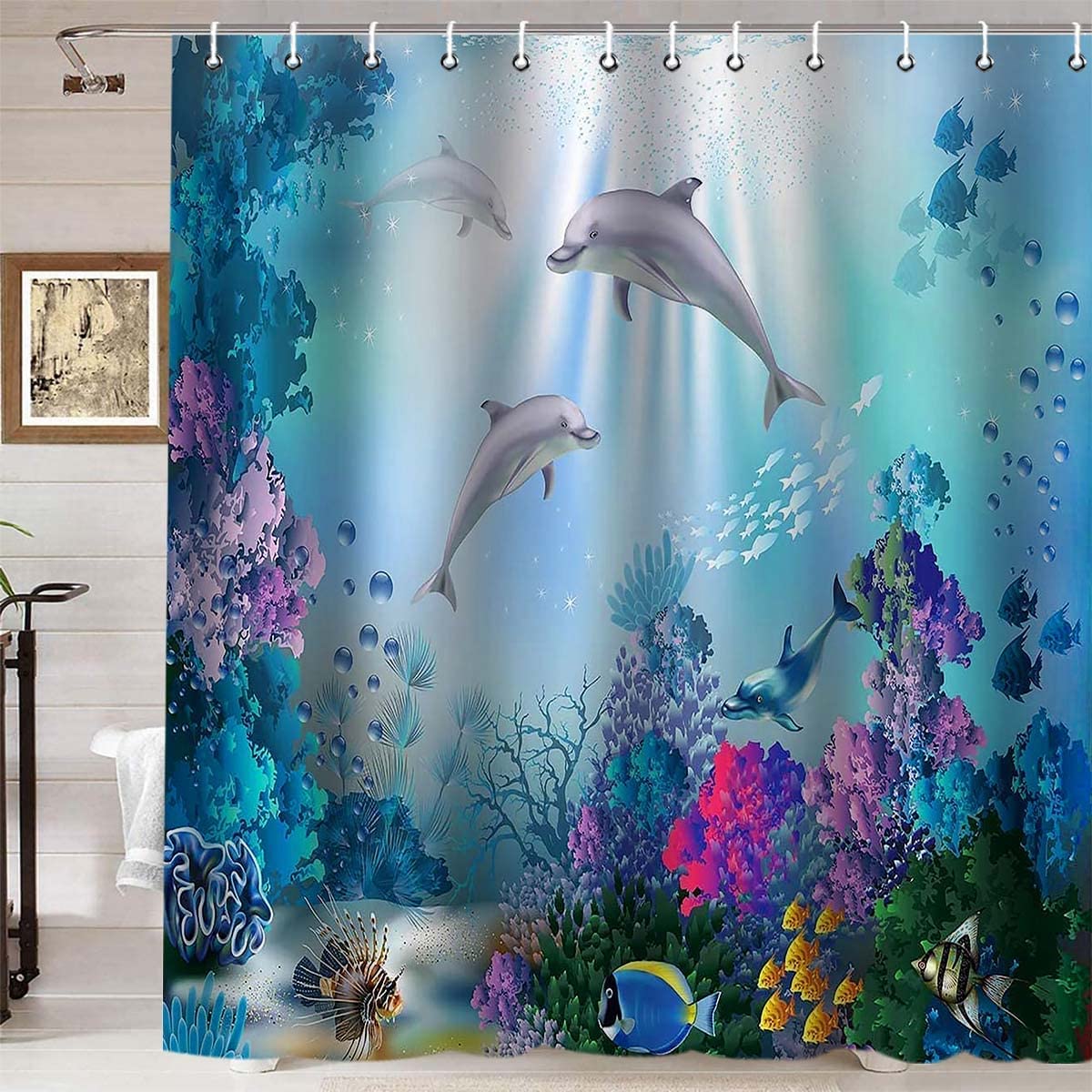 Cartoon Dolphin Shower Curtain, Underwater Teal Blue Sea Ocean Animals ...