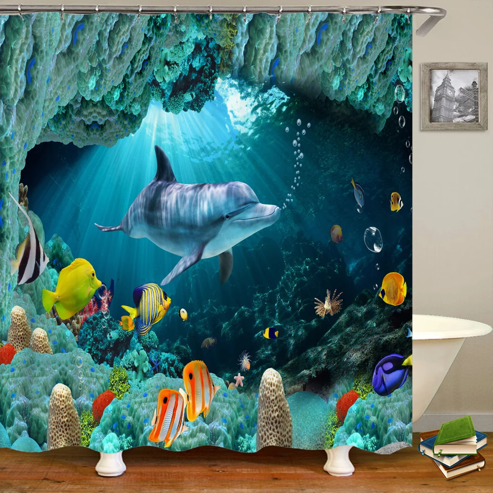 Cartoon Dolphin Shower Curtain Waterproof Home ration Curtain Ocean Sea ...