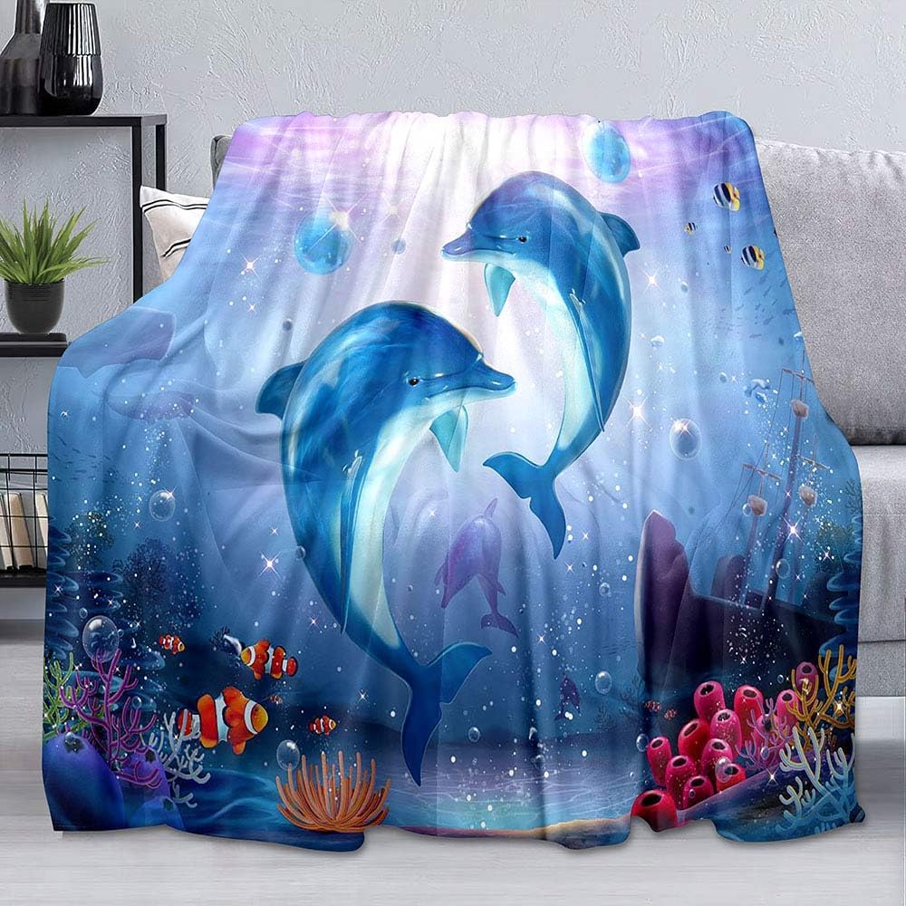 Cartoon Dolphin Throw Blanket, Sailboat Tropical Fish Coral Marine Life ...