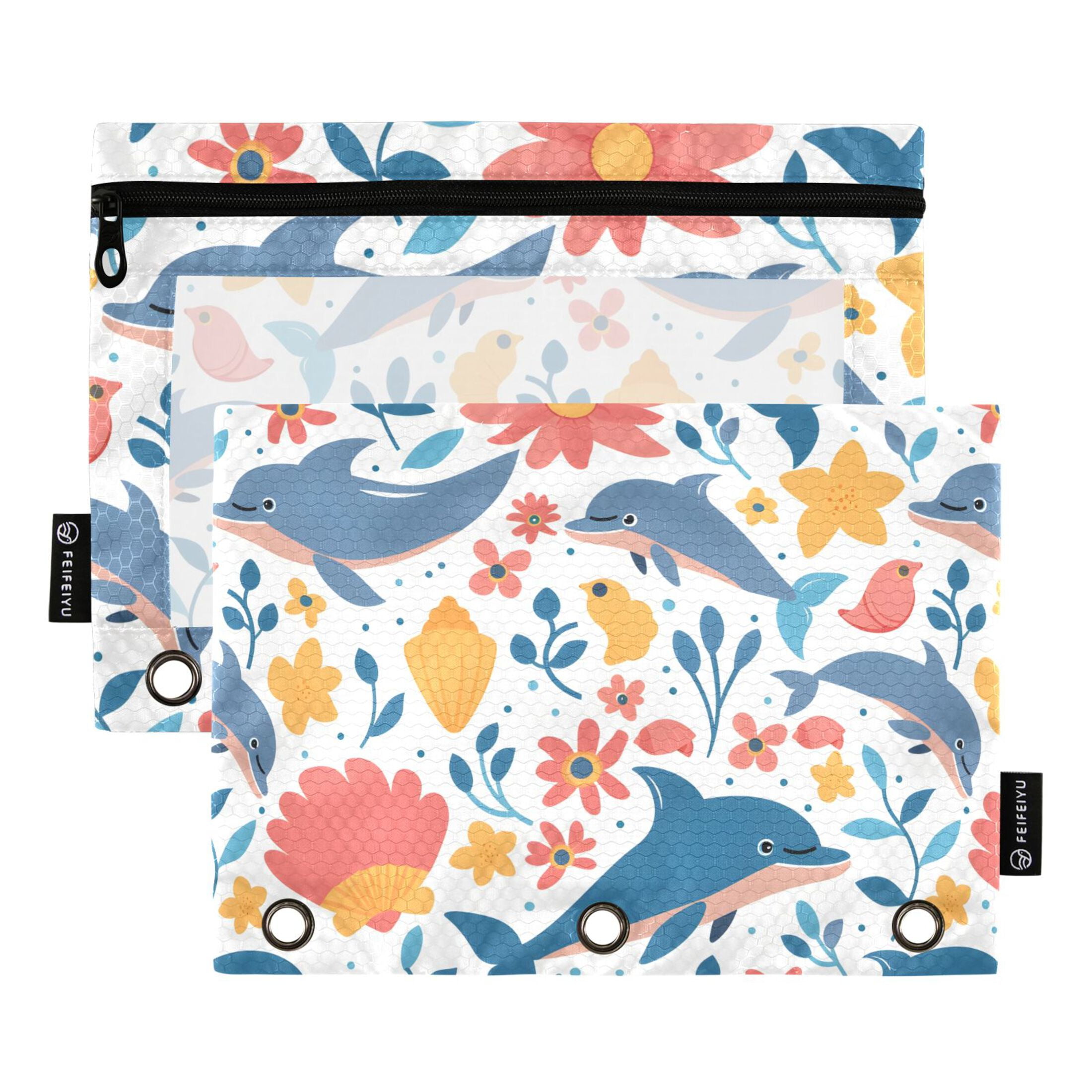 Cartoon Dolphins and Flowers 2 Pack Pencil Pouch for 3 Ring Binder ...