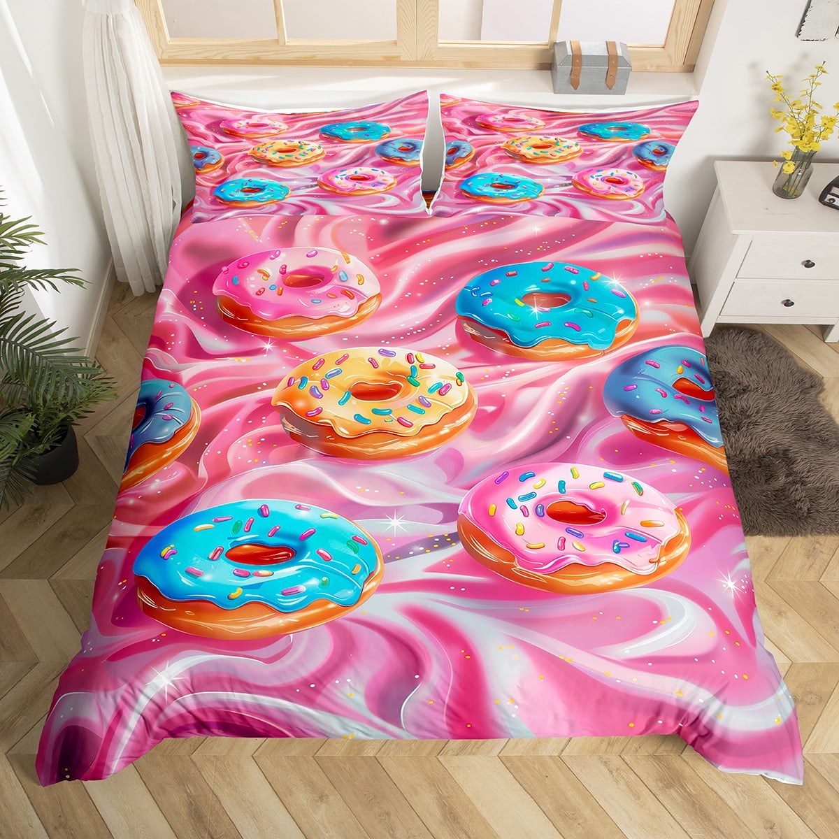 Cartoon Donut Bed Set Pink Ice Cream Duvet Cover, Rainbow Glitters ...
