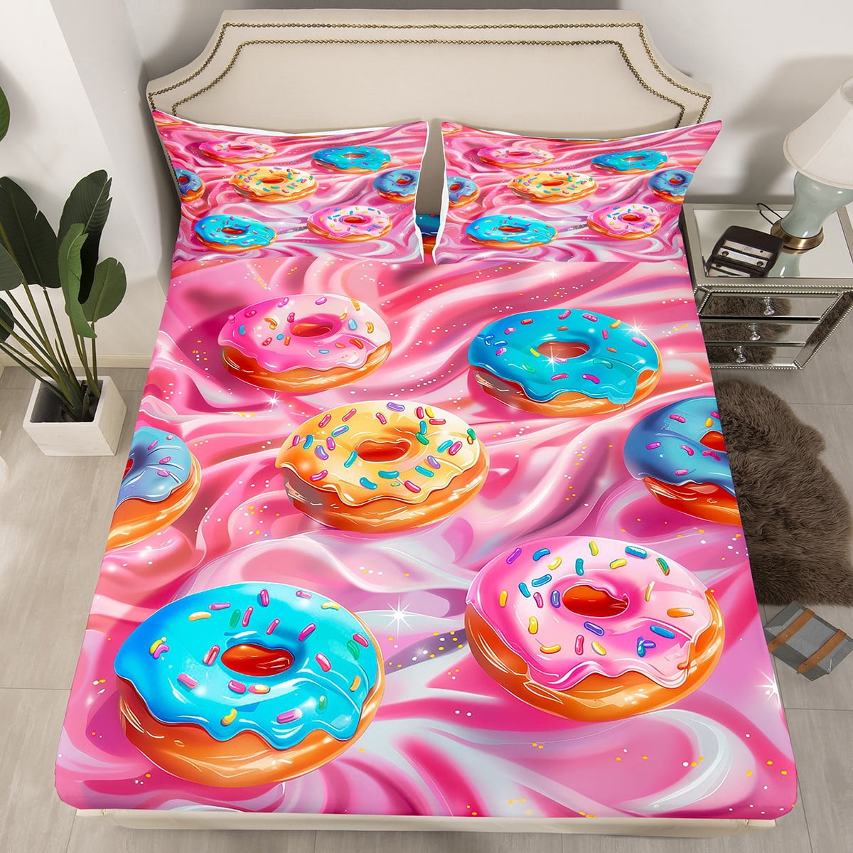 Cartoon Donut Bedding Full Size Pink Ice Cream Bed Sheets, Rainbow ...
