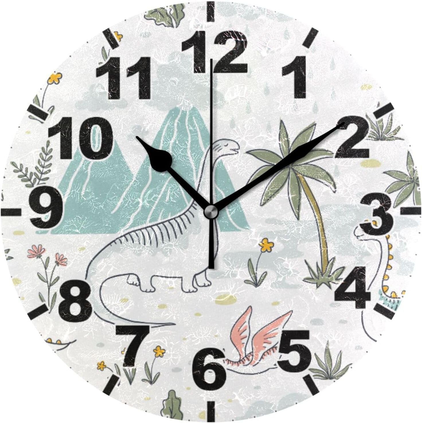 Cartoon Doodle Dinosaurs Round Wall Clock, Battery Operated Silent Non ...