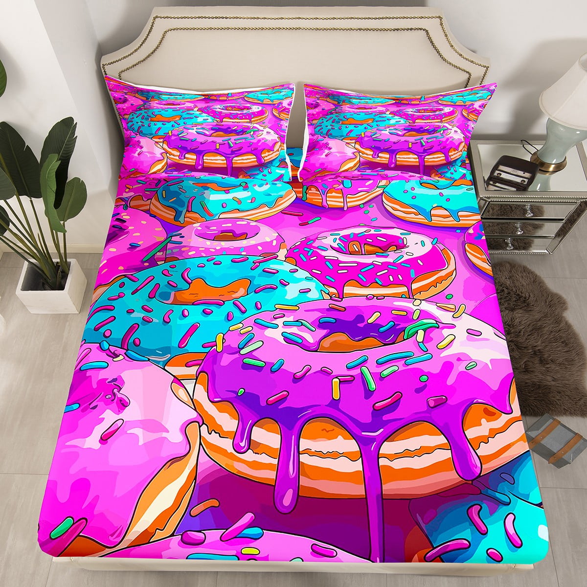 Cartoon Doughnut Bedding Full Size Hot Pink Blue Donut Bed Sheets ...