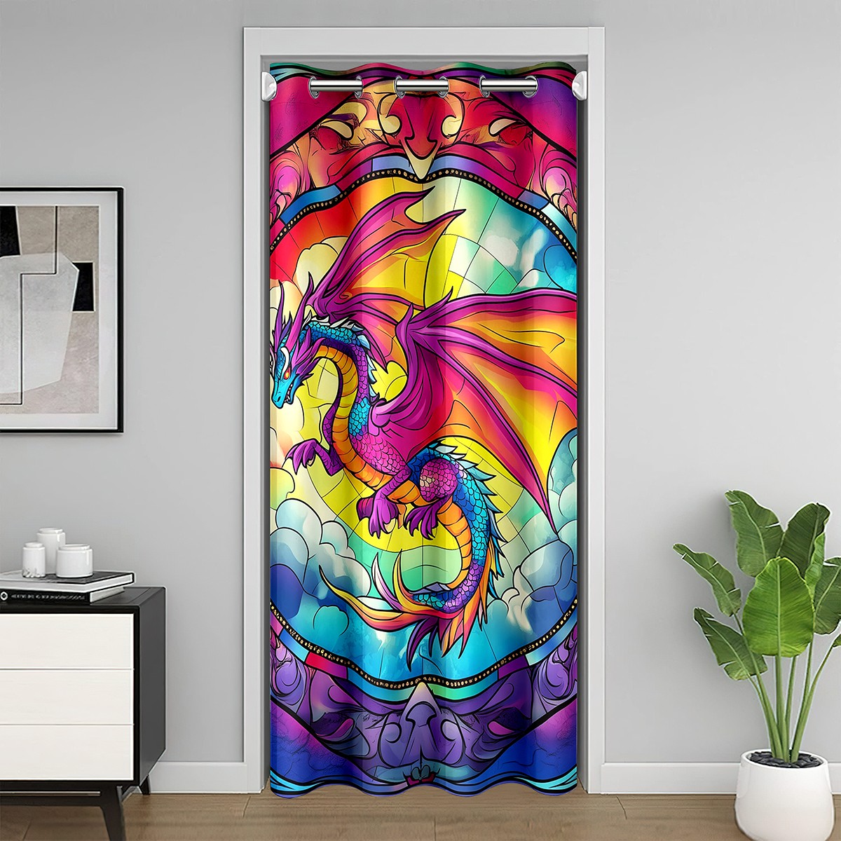 Cartoon Dragon Door Curtain 42" W X 80" L Gradient Clouds Geometric ...