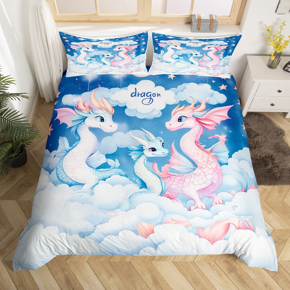 Cartoon Dragon Duvet Cover Galaxy Starry Sky Bedding Set,Magical Dragon ...
