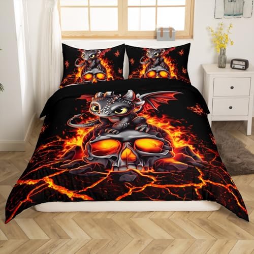 Cartoon Dragon Duvet Cover Set Twin Size Black Skull Flame Crack ...
