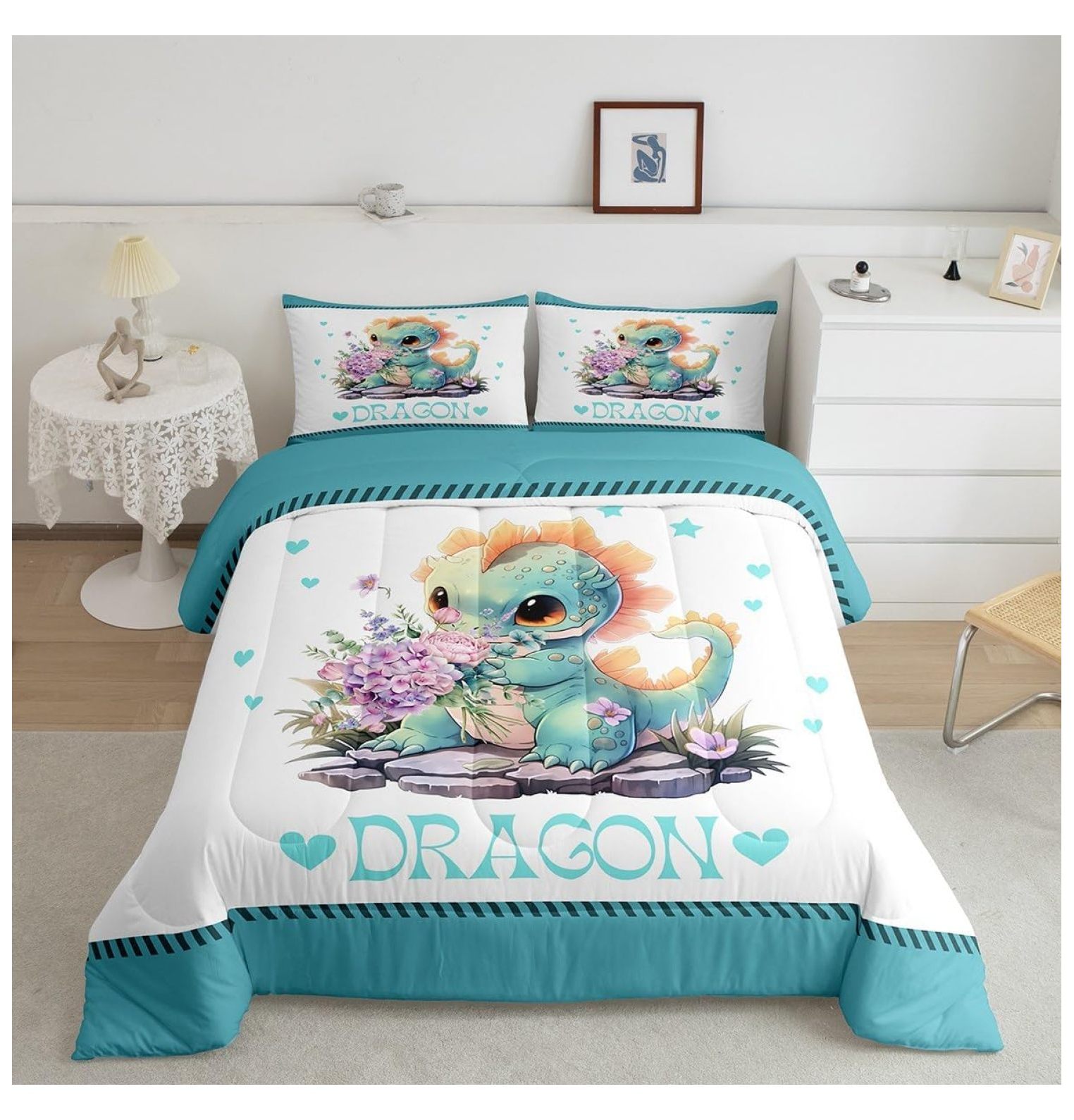 Cartoon Dragon Kids Comforter Set Full Size Wild Purple Flowers Bedding ...